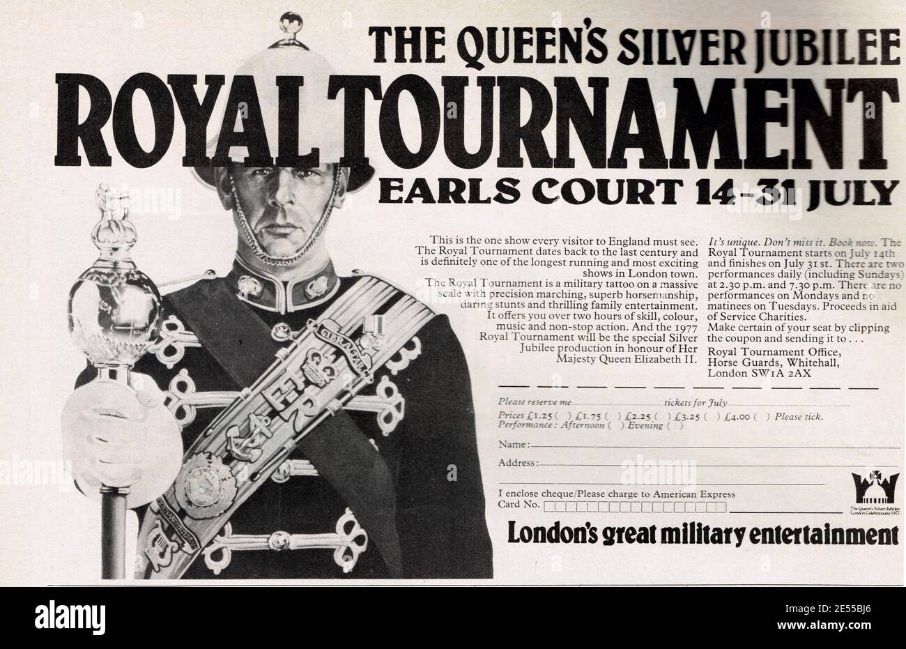 Advertisement for Queen Elizabeth silver jubilee Royal Tournament ...
