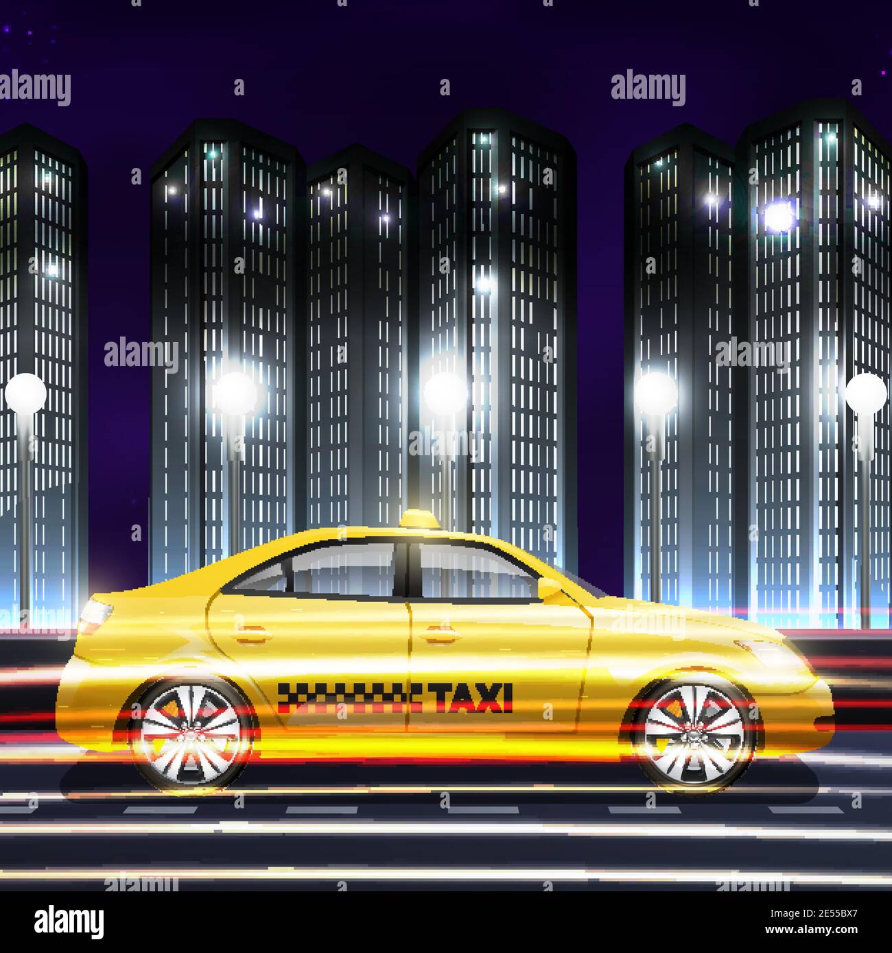 Moving yellow taxi car on night city background vector illustration ...