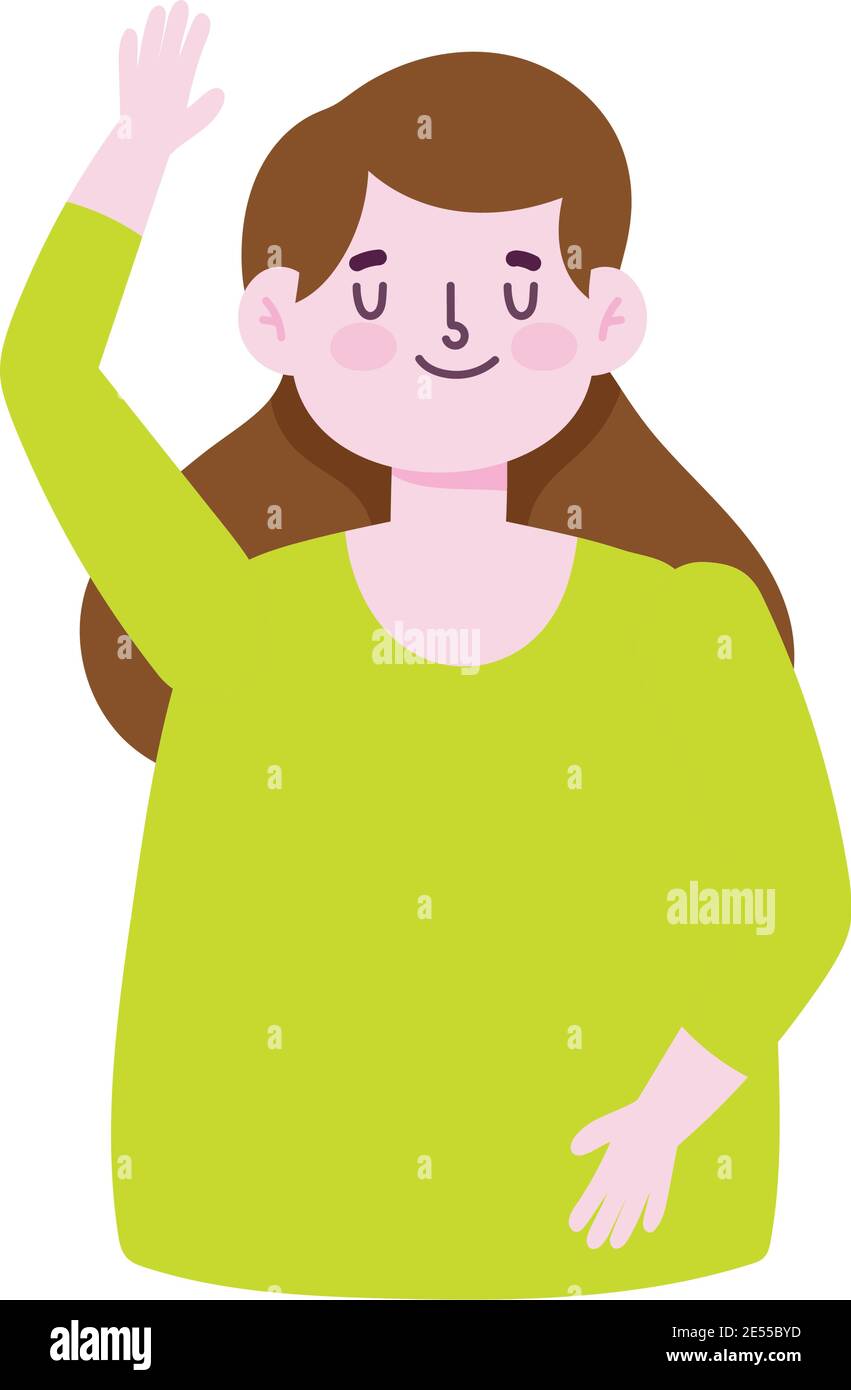 cartoon female woman character waving hand icon isolated style vector ...