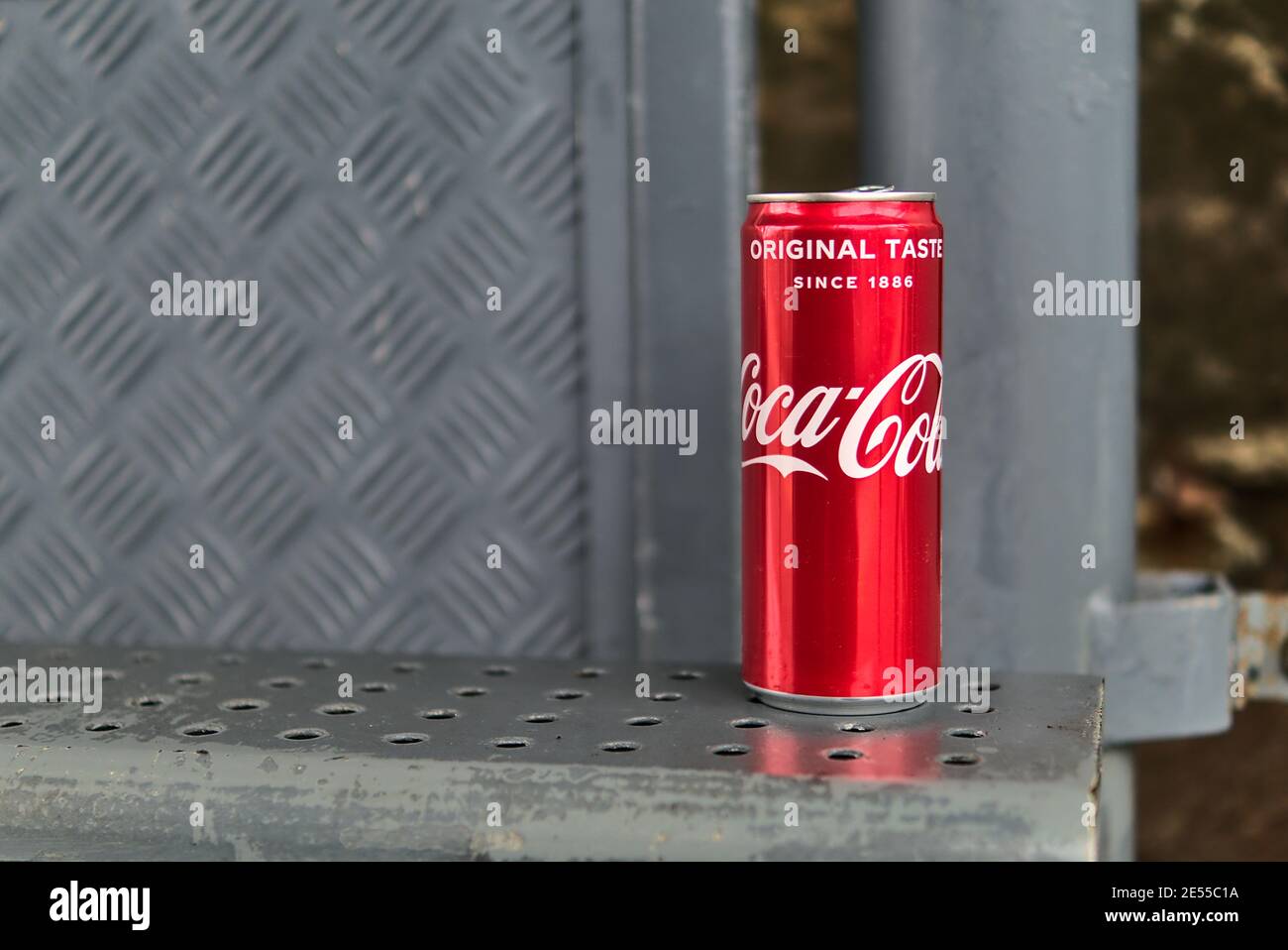 Dublin, Ireland - September 20, 2020: Coca Cola classic metal can left ...