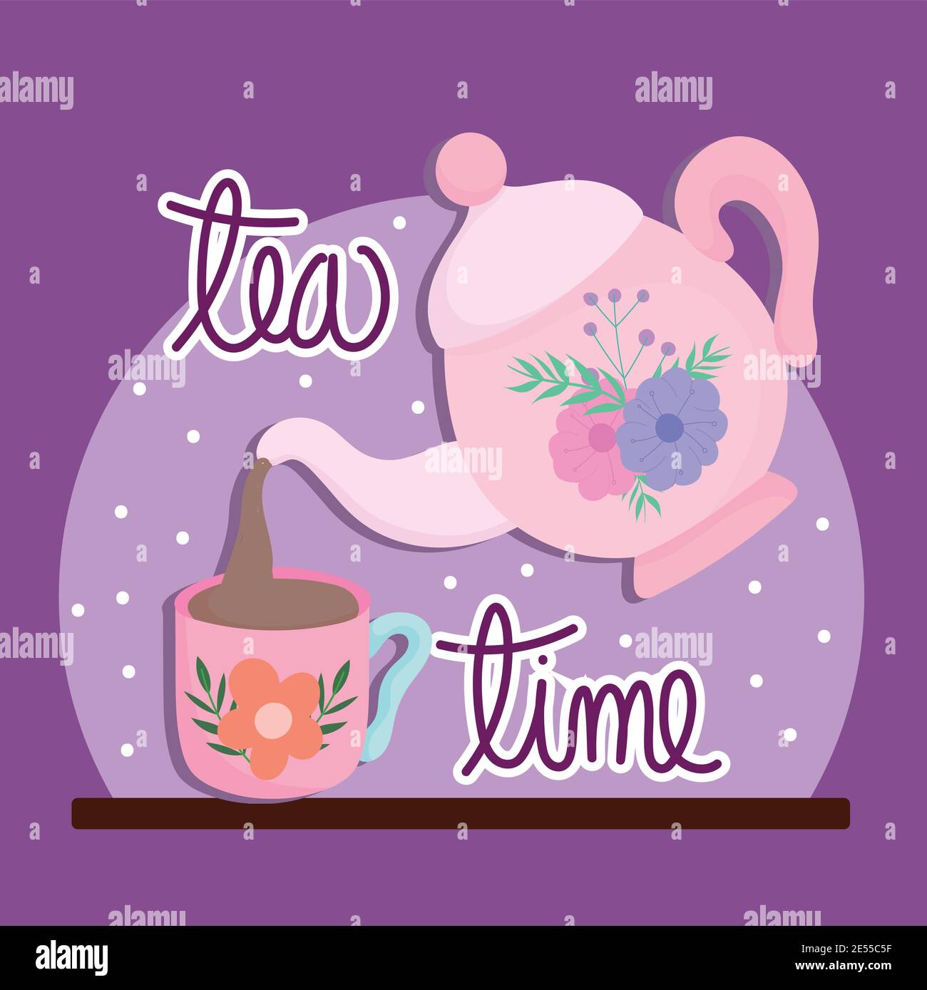 Tea time, kettle pouring tea in cup with flower vector illustration ...