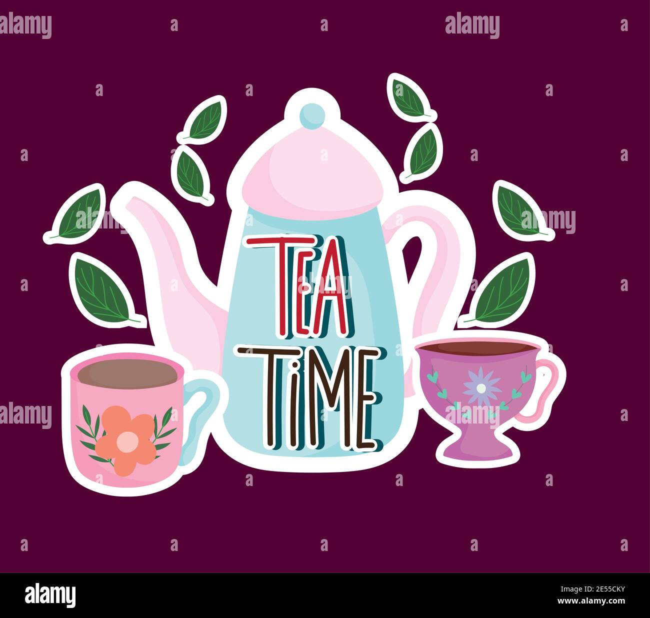 Tea time kettle and cups leaves mint nature herbal vector illustration ...
