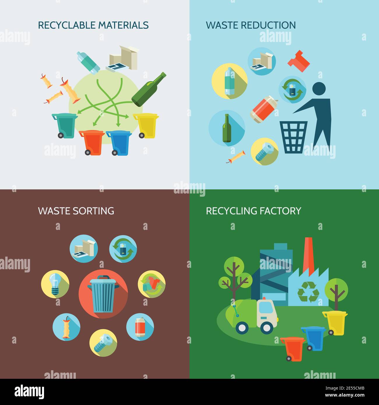 Recycling and waste reduction icons set with materials and sorting flat ...