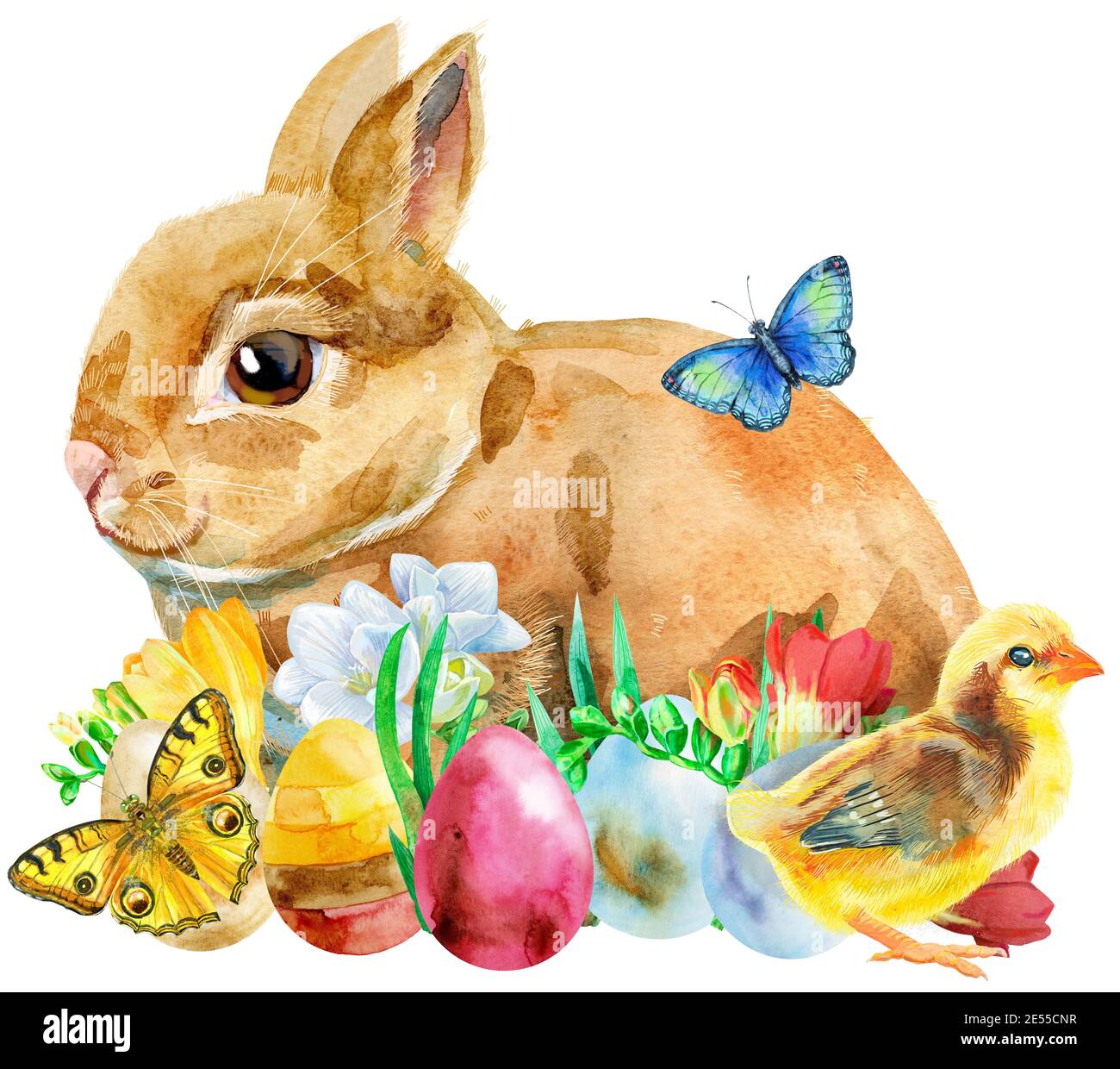 Cute beige rabbit on white background with eggs and freesia, isolated ...