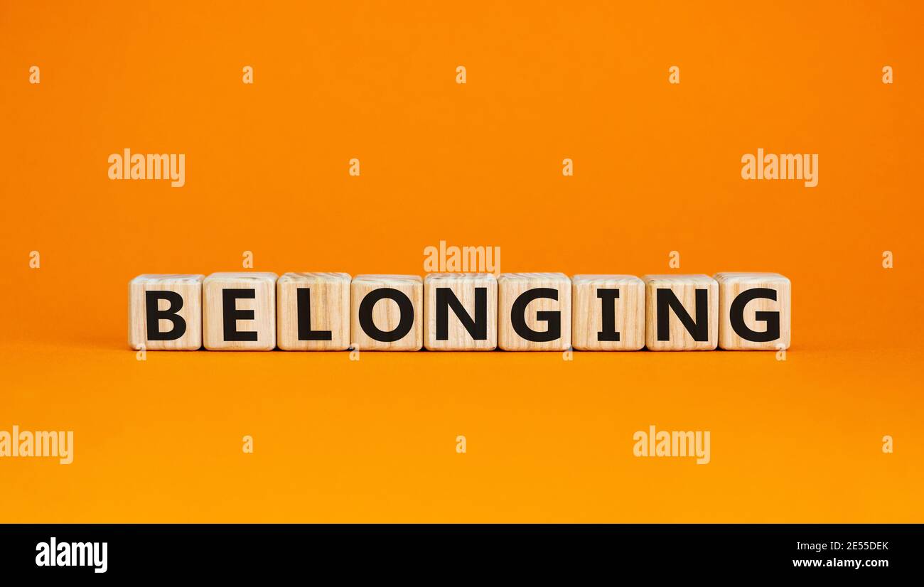 Belonging and better inclusion symbol. Belonging word on wooden cubes ...