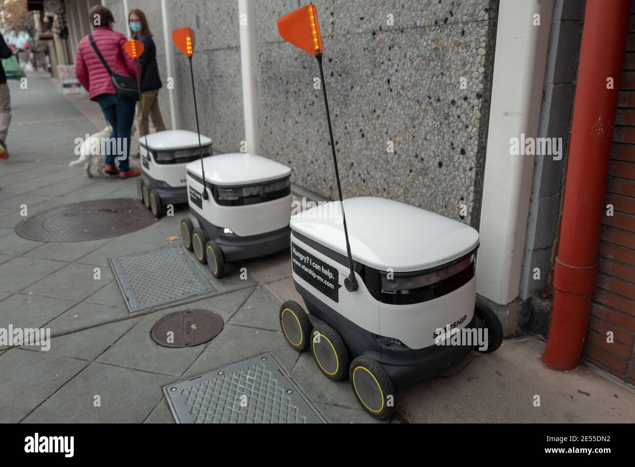 Starship food delivery robots in a line in the Silicon Valley, Mountain ...