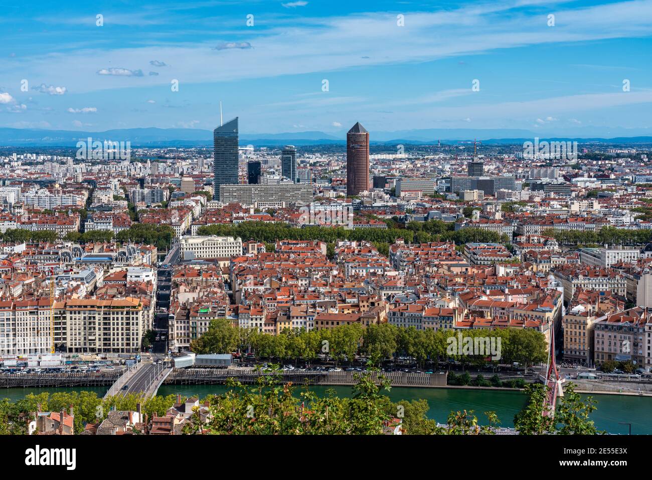 Lyon cityscape from Saone river with colorful houses and river, France ...