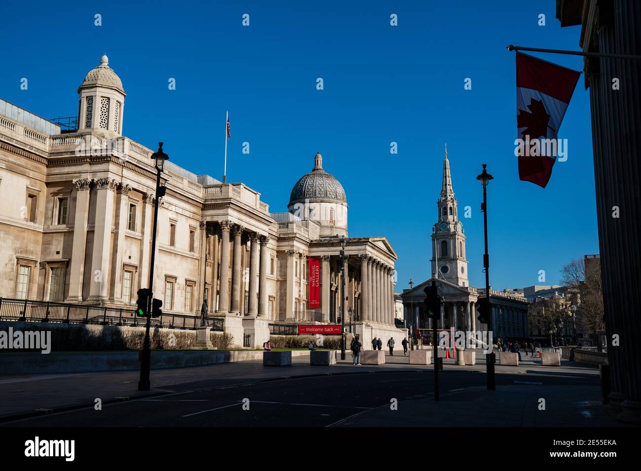Canadian embassy flag and National Gallery at Trafalgar Square, London ...