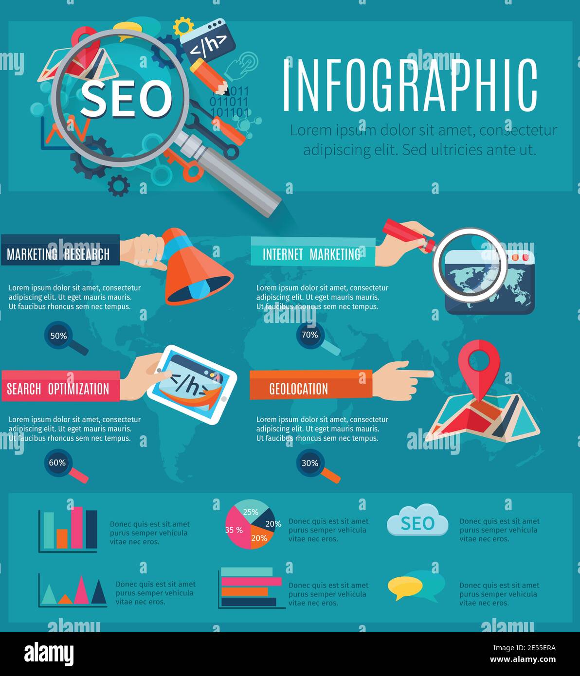 Seo infographics set with human hands holding programming symbols ...
