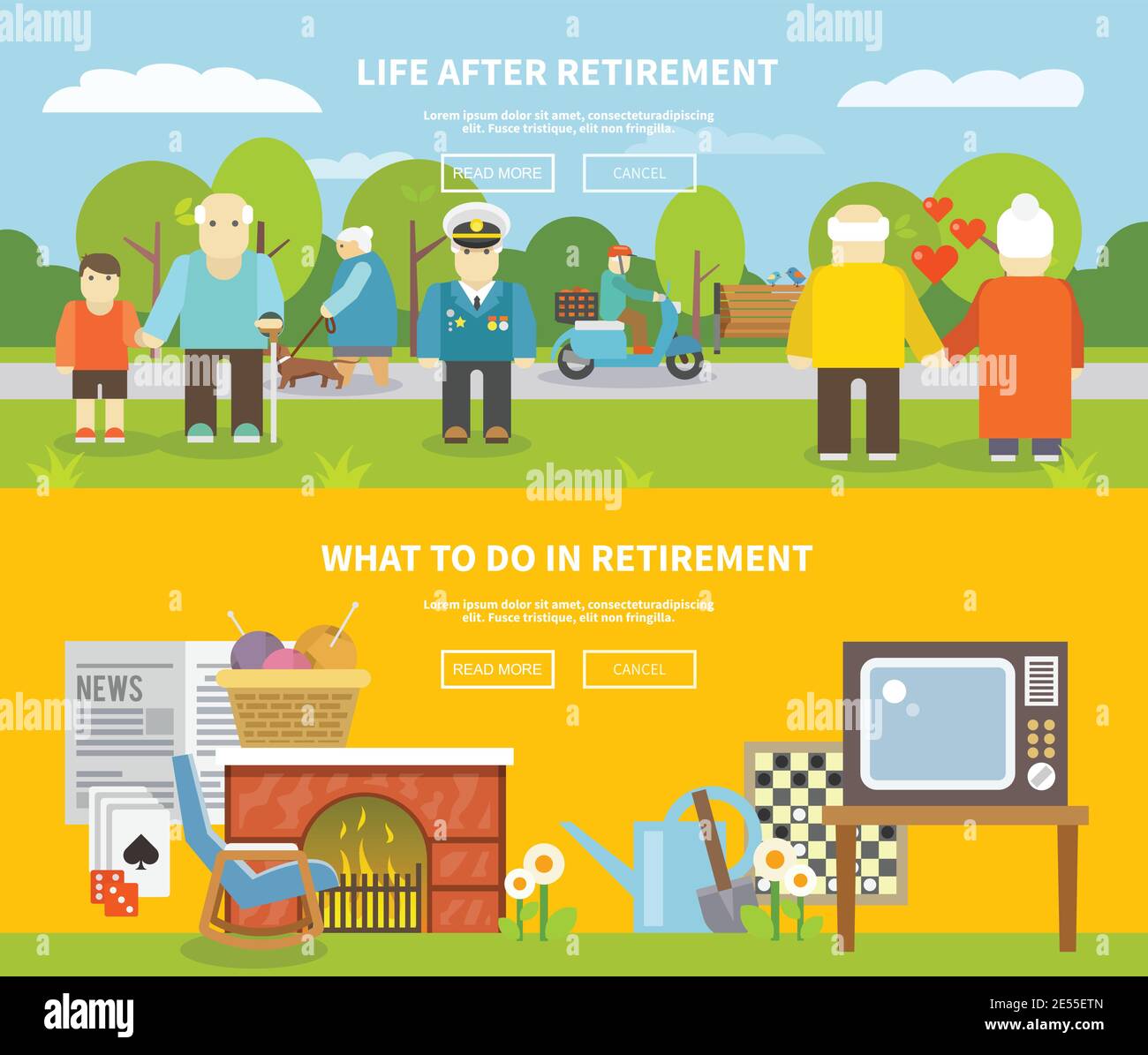 Pensioners life style horizontal banner set with senior people flat ...