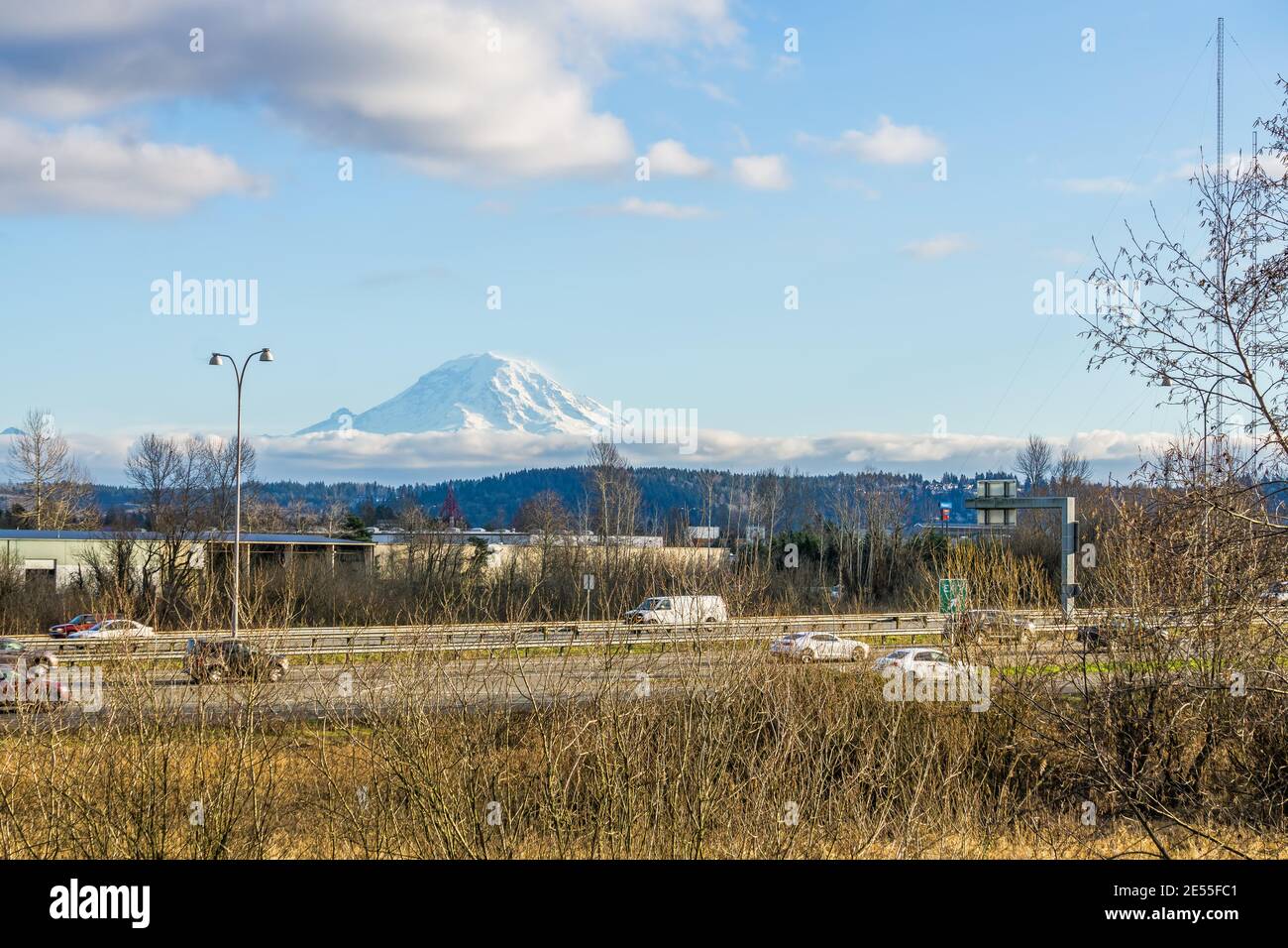 A view of a freeway with Mount Rainier in the distance in Auburn ...
