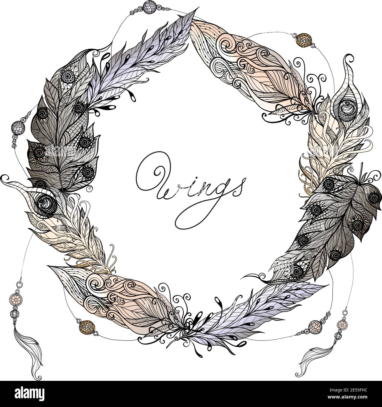 Feather doodle frame with wings calligraphy text inside vector ...
