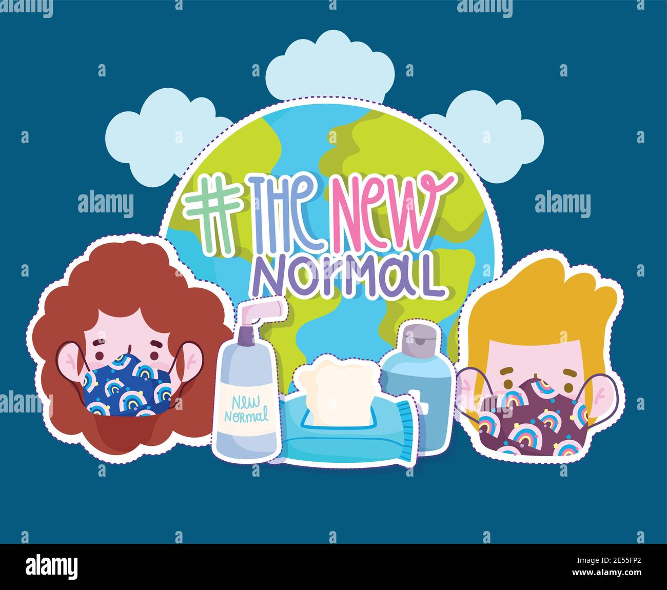 new normal lifestyle, boy girl with masks tissue paper sanitizer hand ...