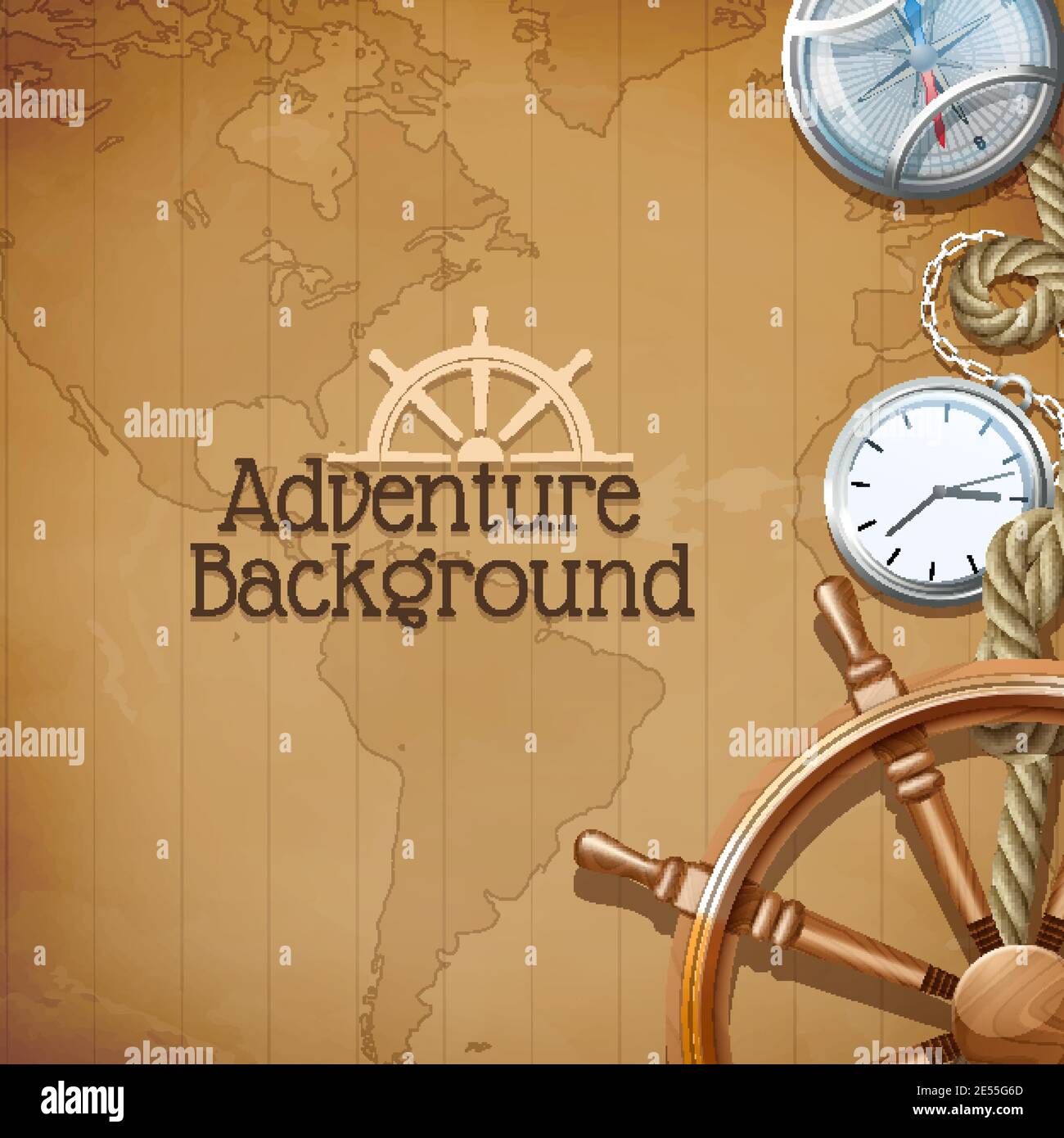 Adventure poster with retro sea navigation symbols and world map on ...