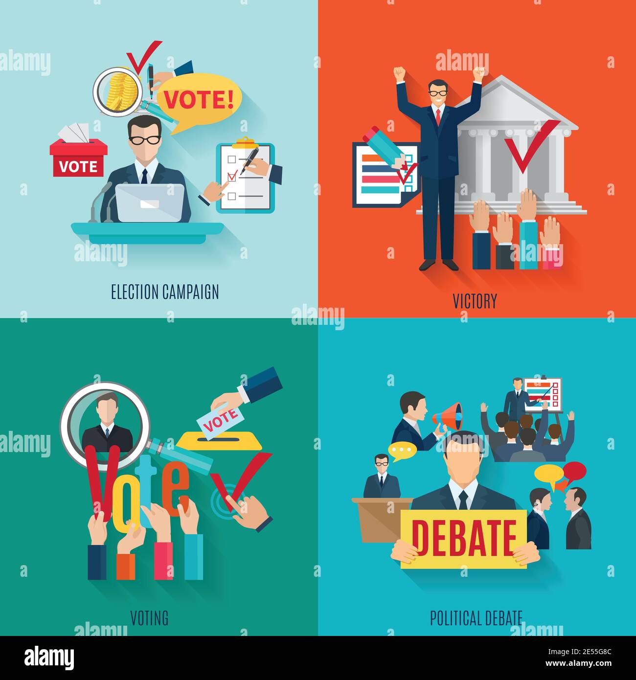 Election design concept set with voting and political debate flat icons ...