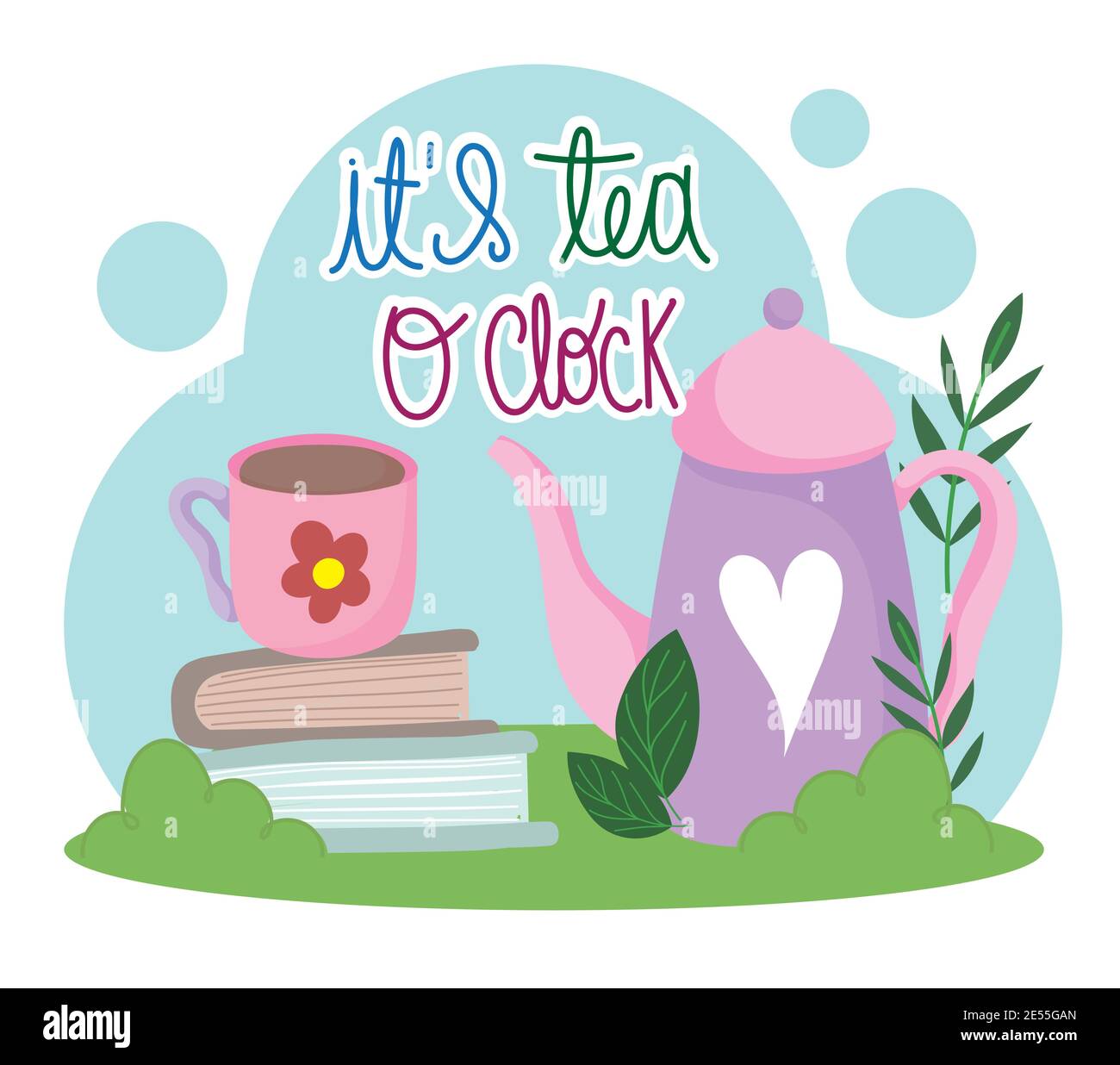 Tea time, teapot cup on books grass flower leaves cartoon vector ...