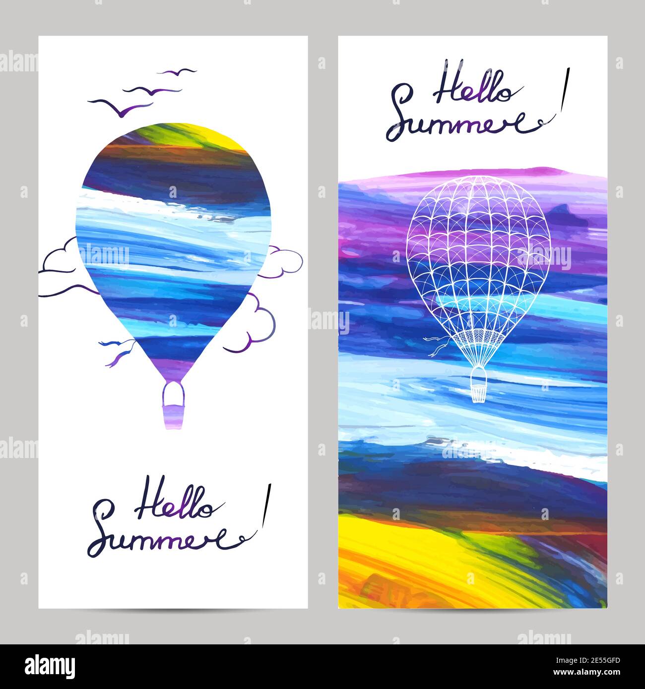 Air travel vertical banners set with hot air balloons silhouettes on ...