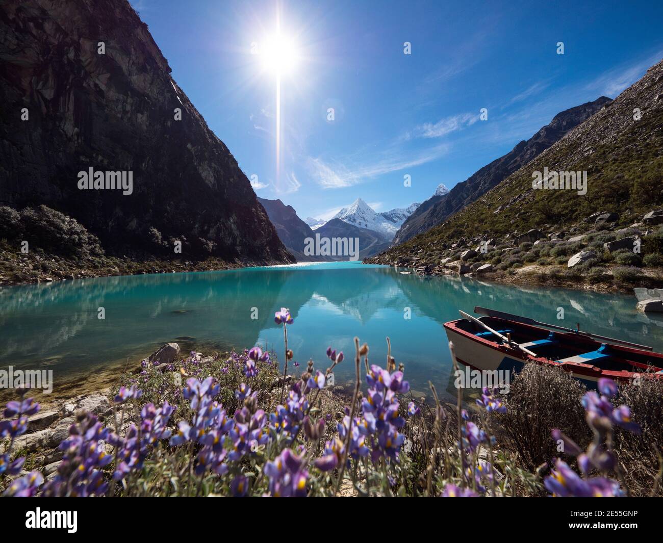 Panorama view of blue turquoise alpine mountain lake Laguna Paron in ...
