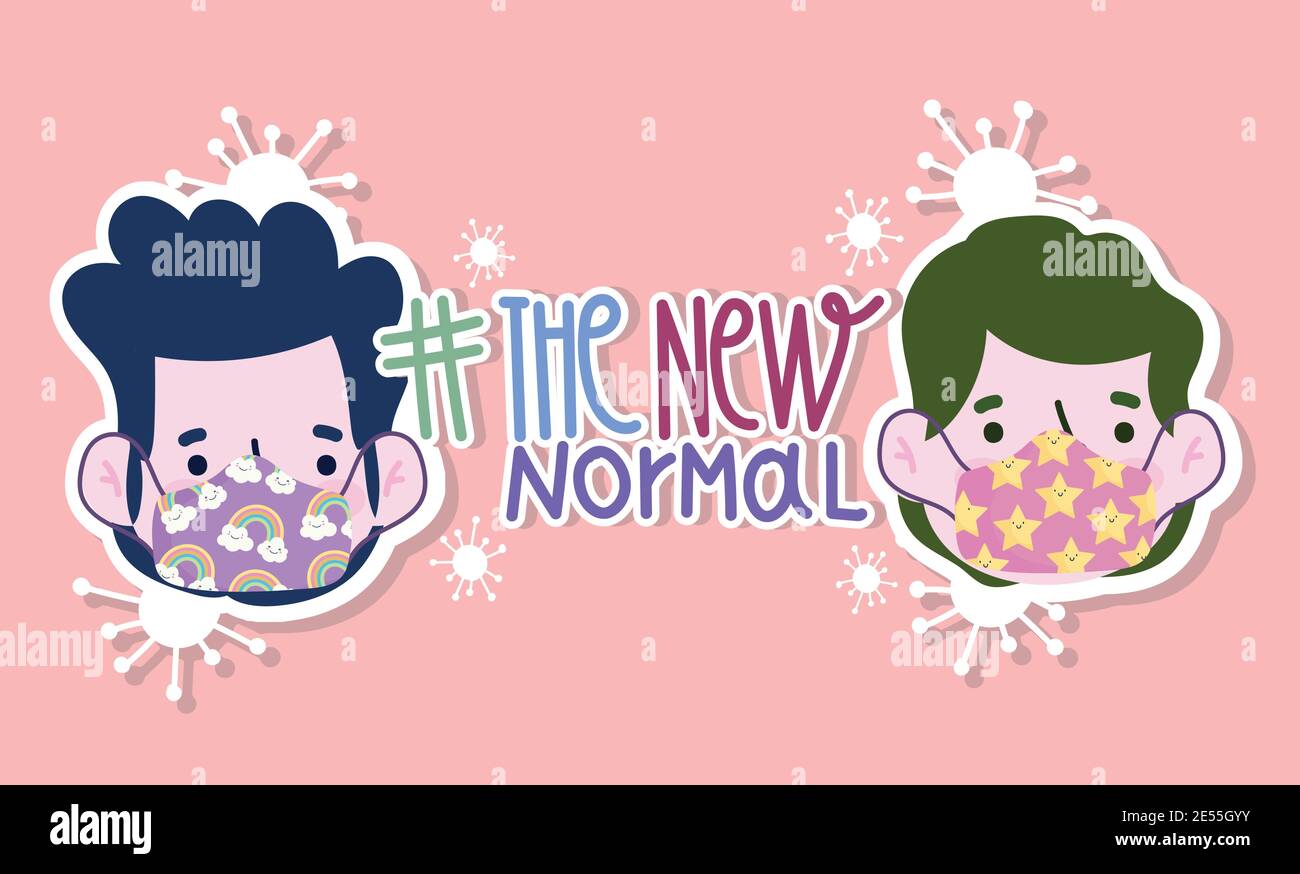 new normal lifestyle, men with mask and hashtag the new normal, cartoon ...