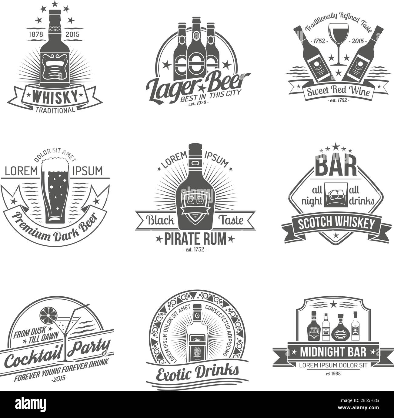 Alcohol drinks premium quality black label set isolated vector ...