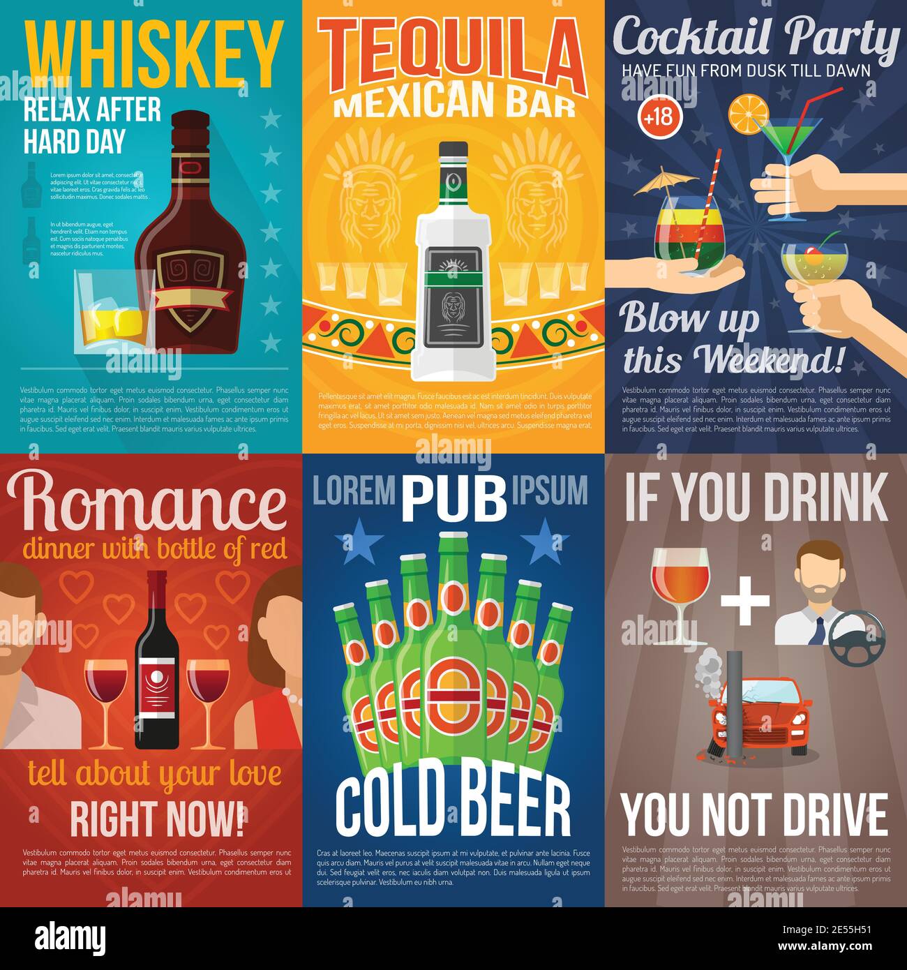 Alcohol drinks and cocktail mini poster set isolated vector ...