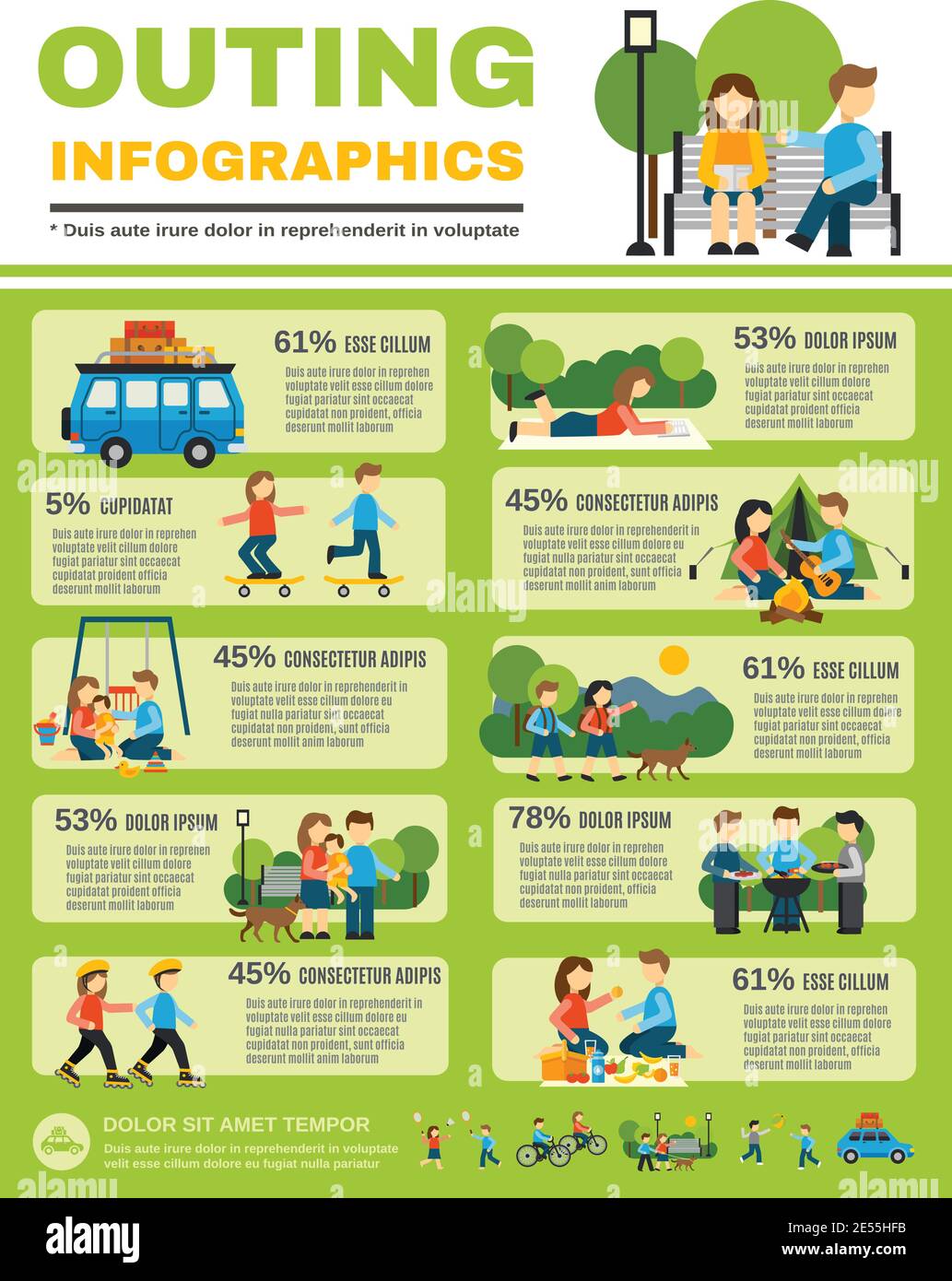 Outing infographics set with families with kids outdoors vector ...