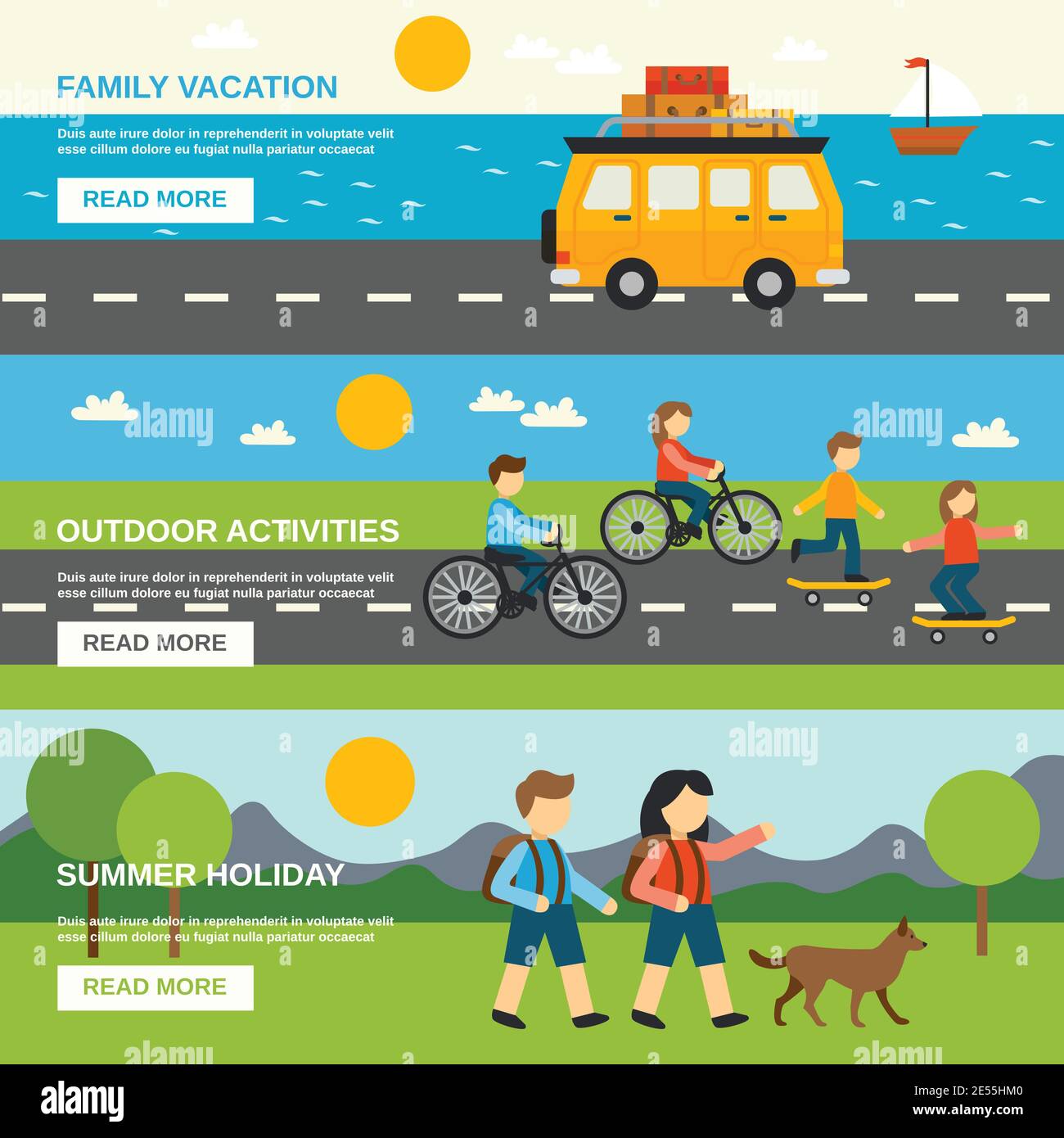 Outing horizontal banner set with outdoor activities elements isolated ...