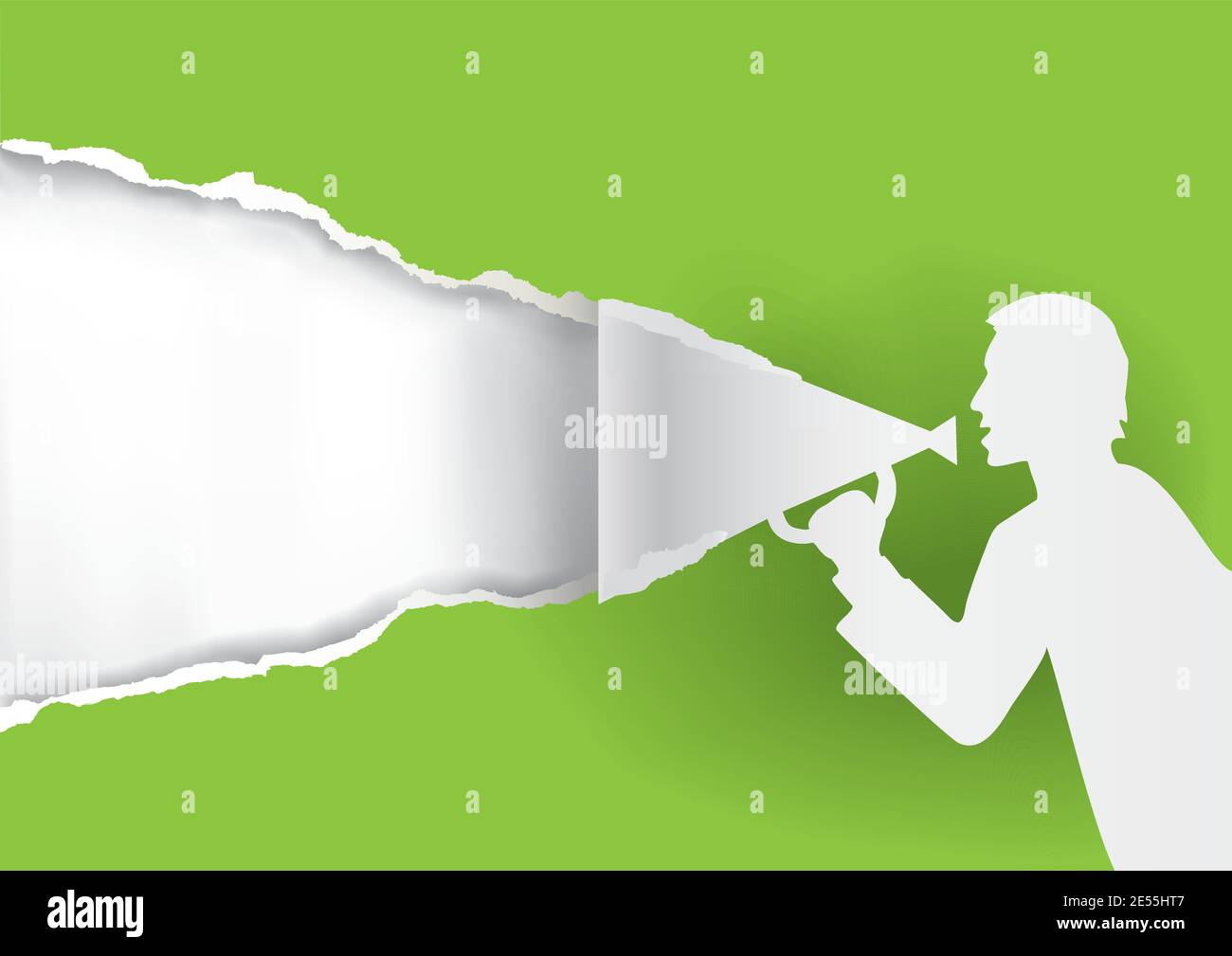 Man with megaphone ripping green paper. Illustration of green paper ...