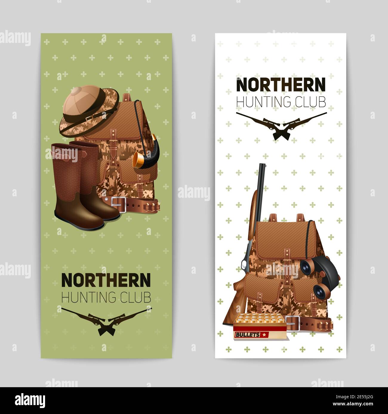 Hunting banners vertical set with realistic backpack rifle and hunter ...