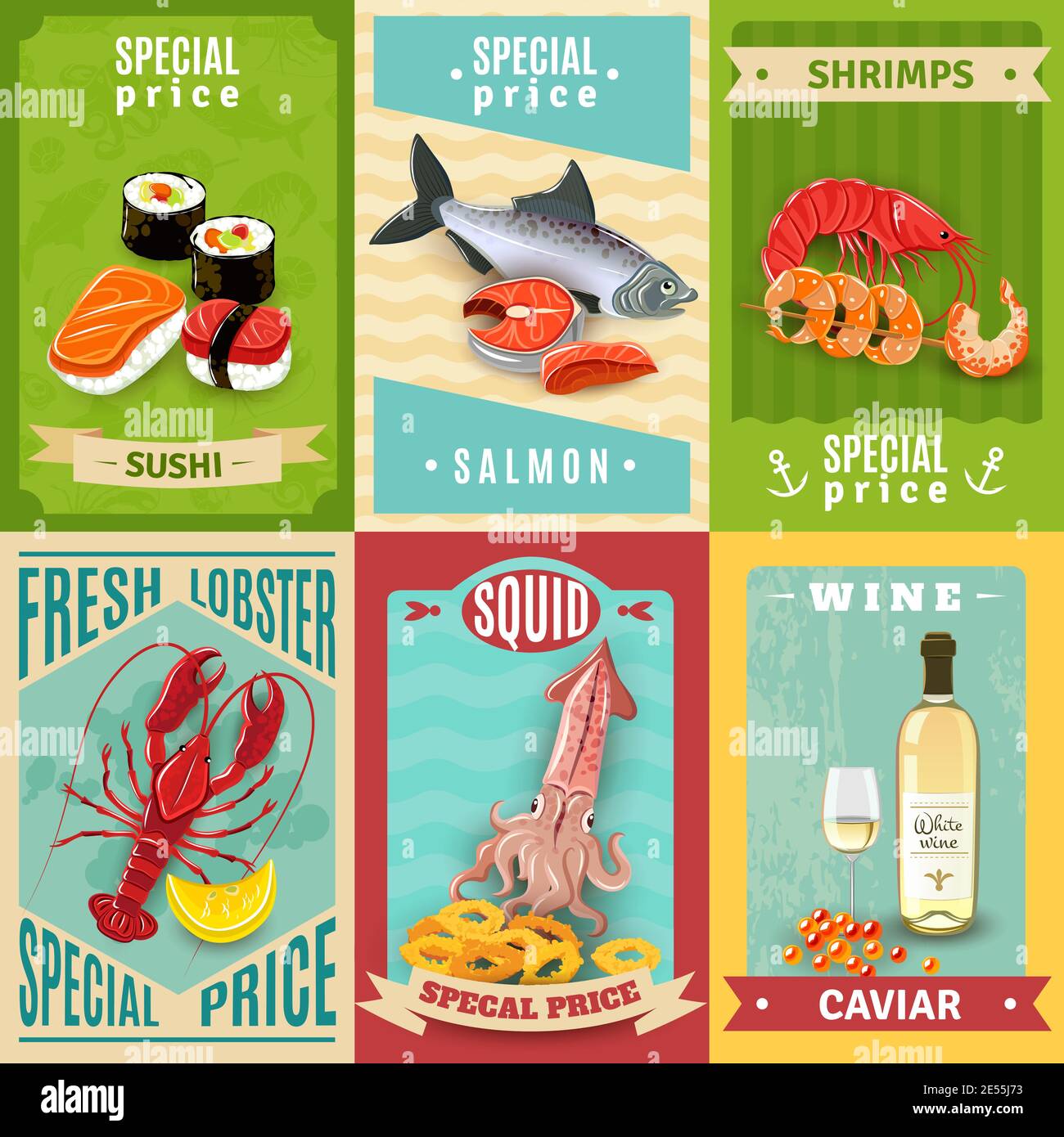 Premium quality fish and seafood mini poster set isolated vector ...