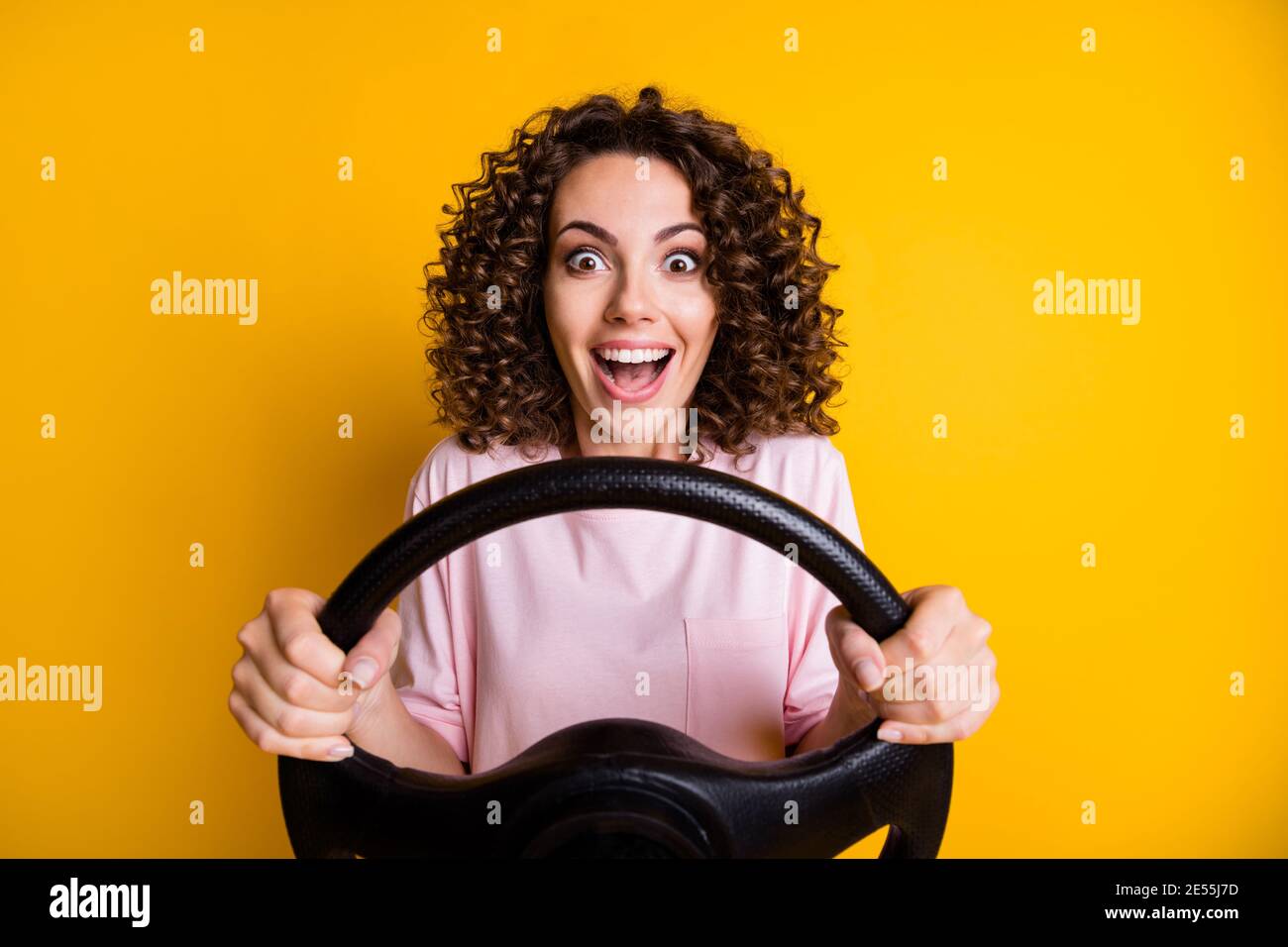 Photo portrait of crazy mad cheerful female driver keeping steering ...