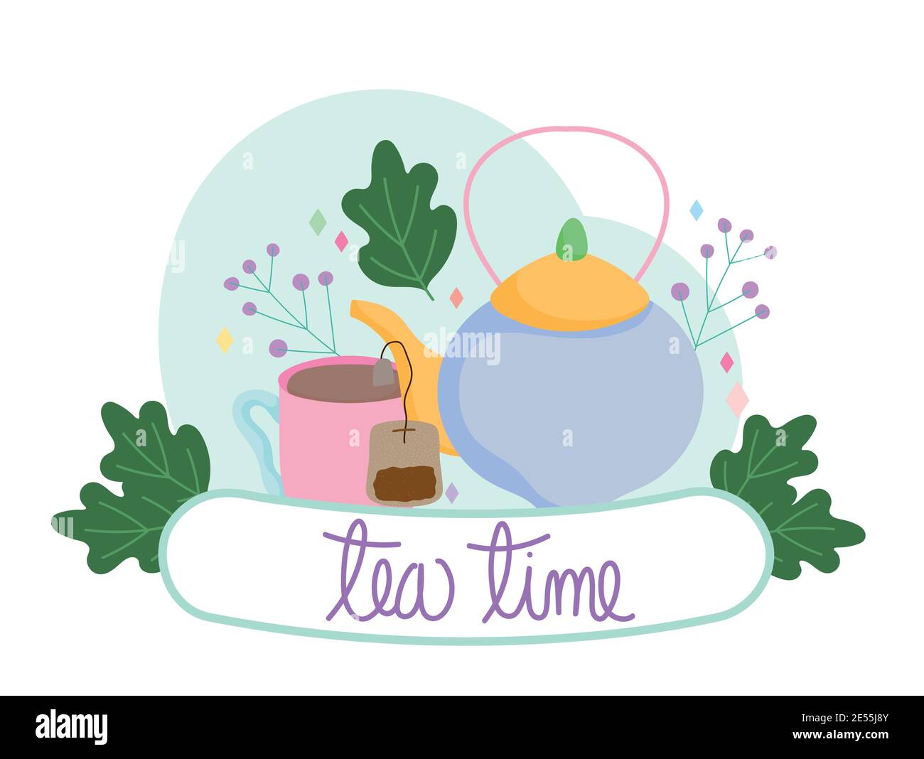Tea time kettle and cup fresh plants natural vector illustration Stock ...