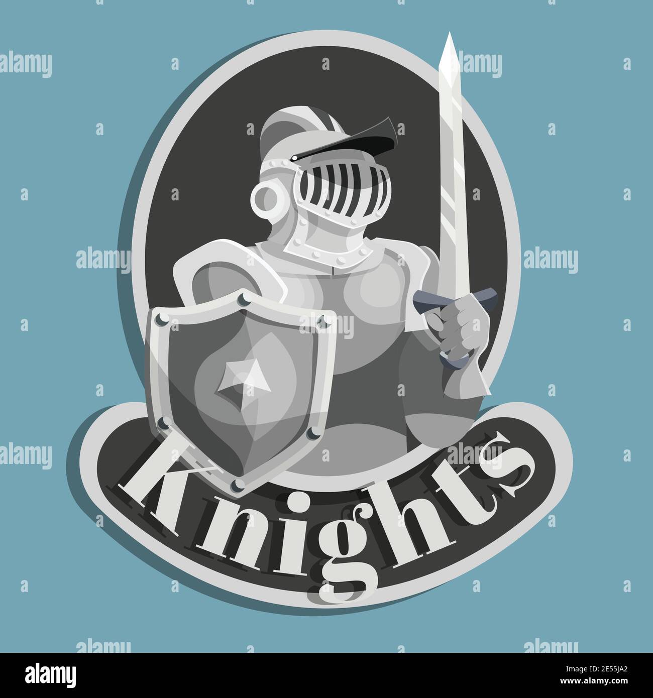 Silver color metal emblem with medieval knight with shield and sword ...