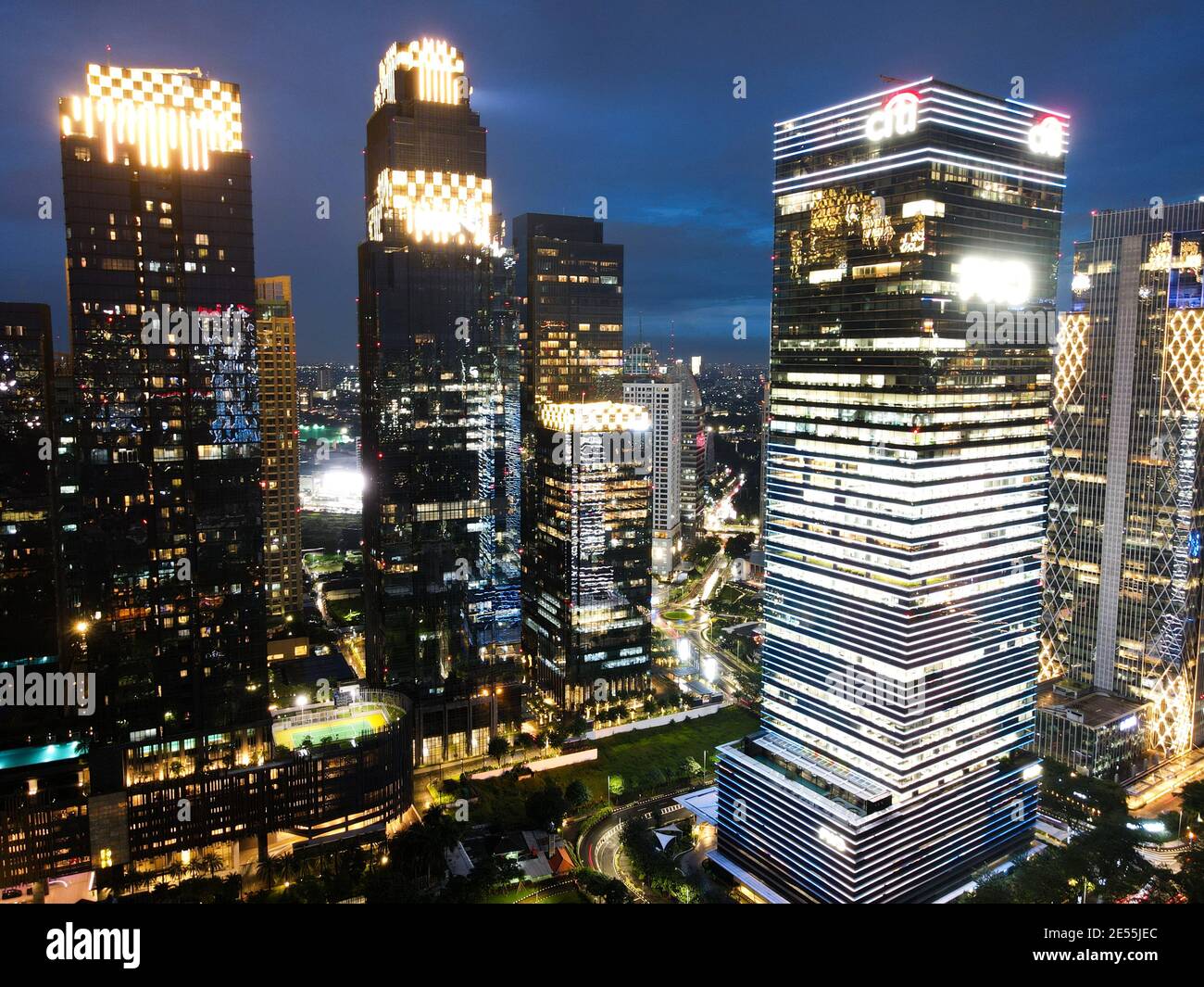 Aerial view of office buildings in Jakarta central business district ...