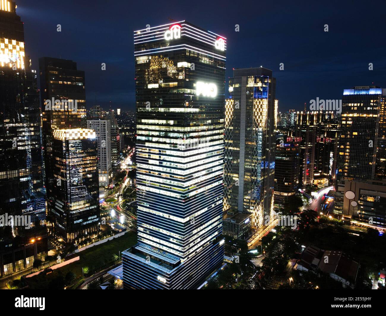 Aerial view of office buildings in Jakarta central business district ...