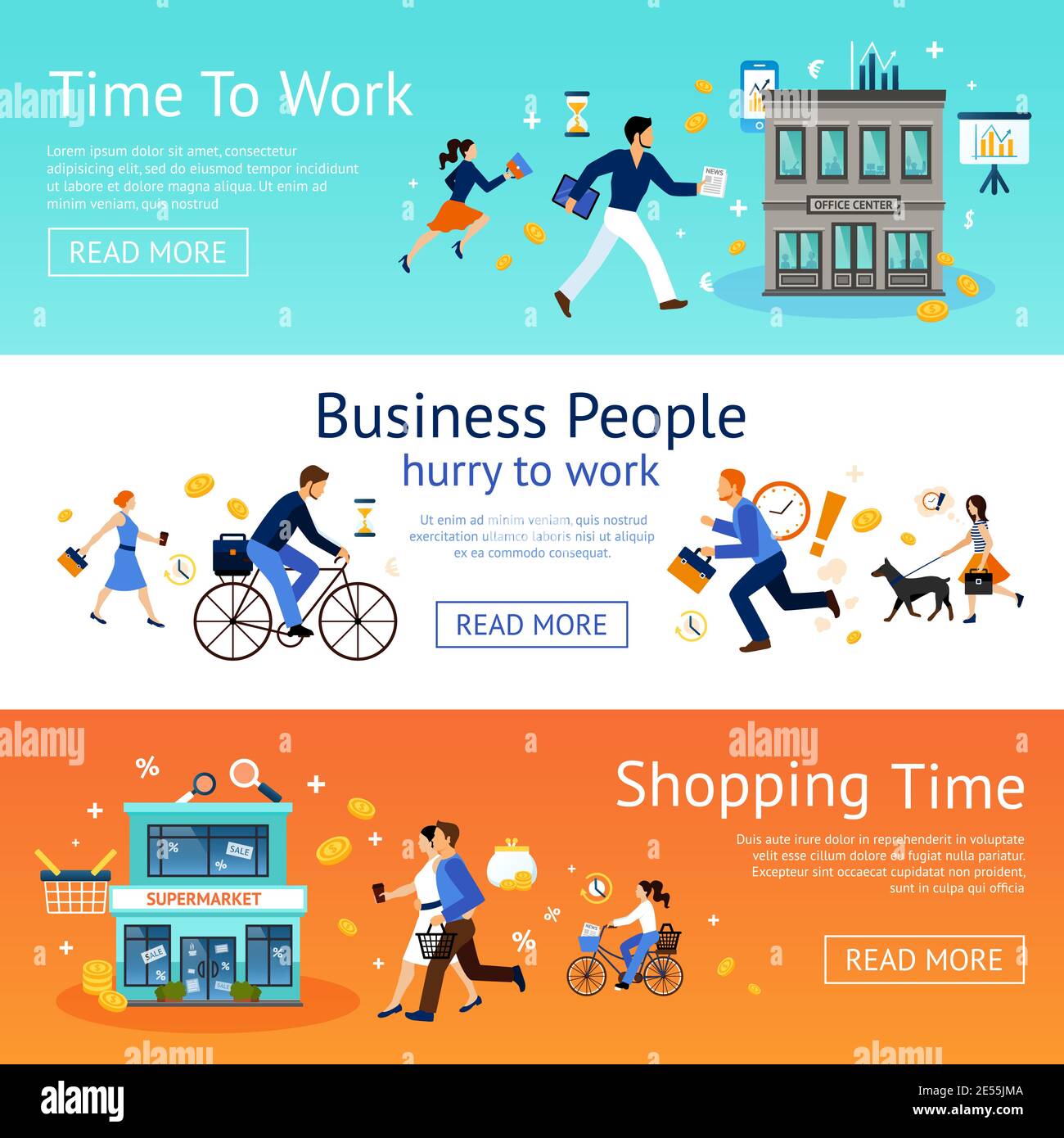 Business people hurry to work and shopping horizontal banner set ...