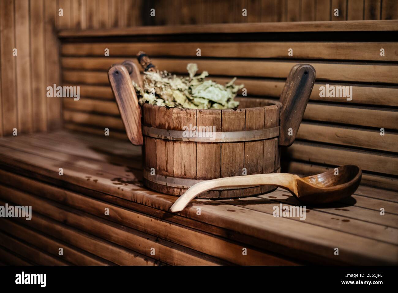 Traditional equipment for Russian bath from wood Stock Photo - Alamy
