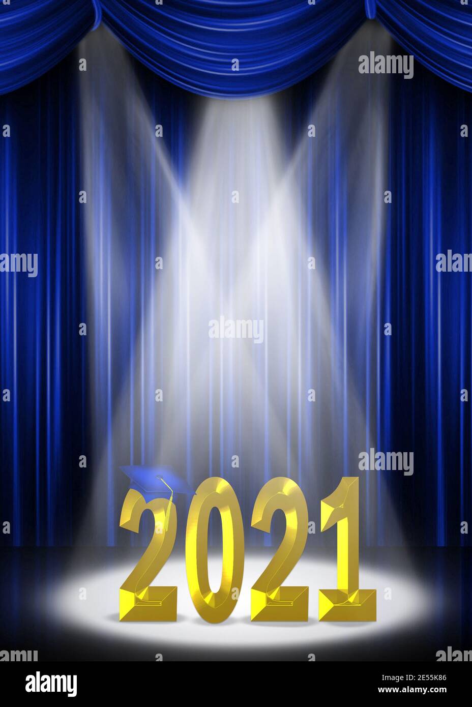 blue stage curtains with gold 2021 text in the spotlight for graduation ...