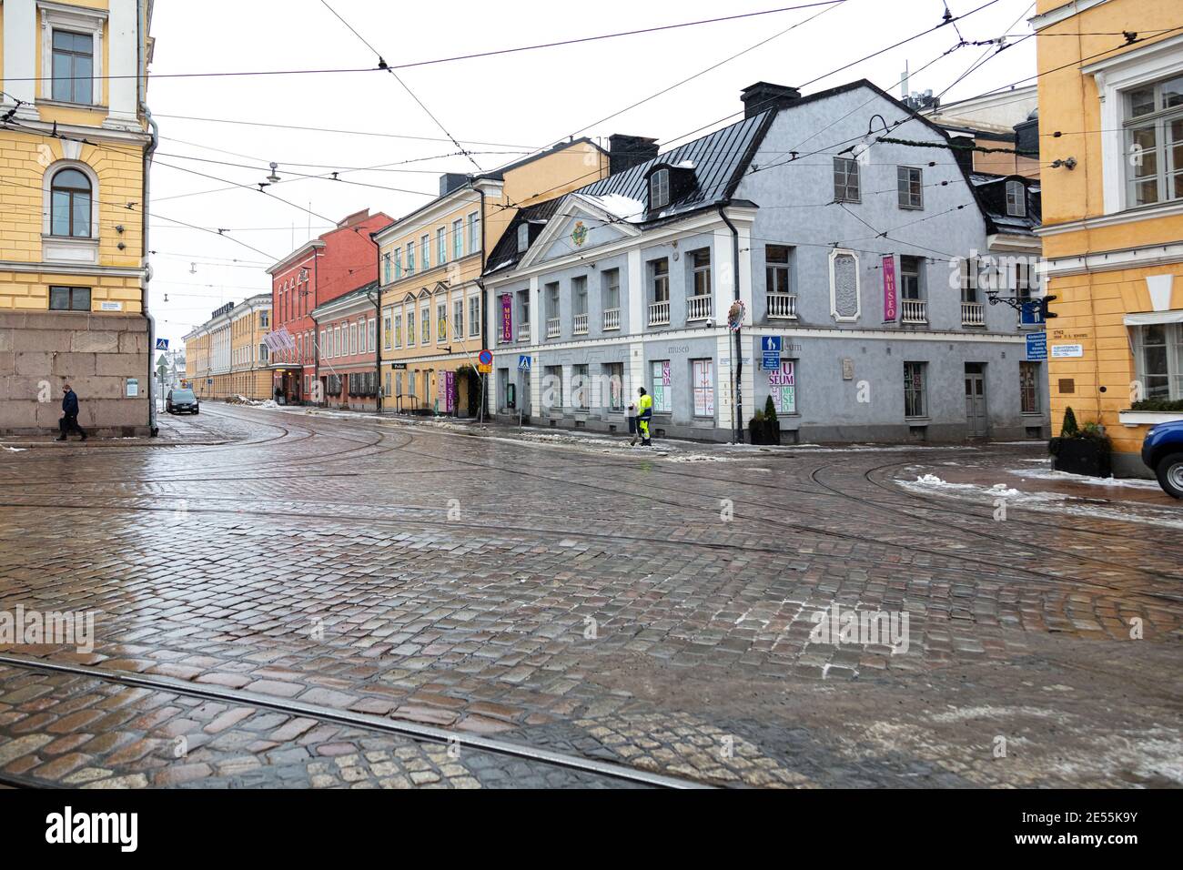 Finland, Helsinki. January 26, 2021 The facade of a gray building. The ...