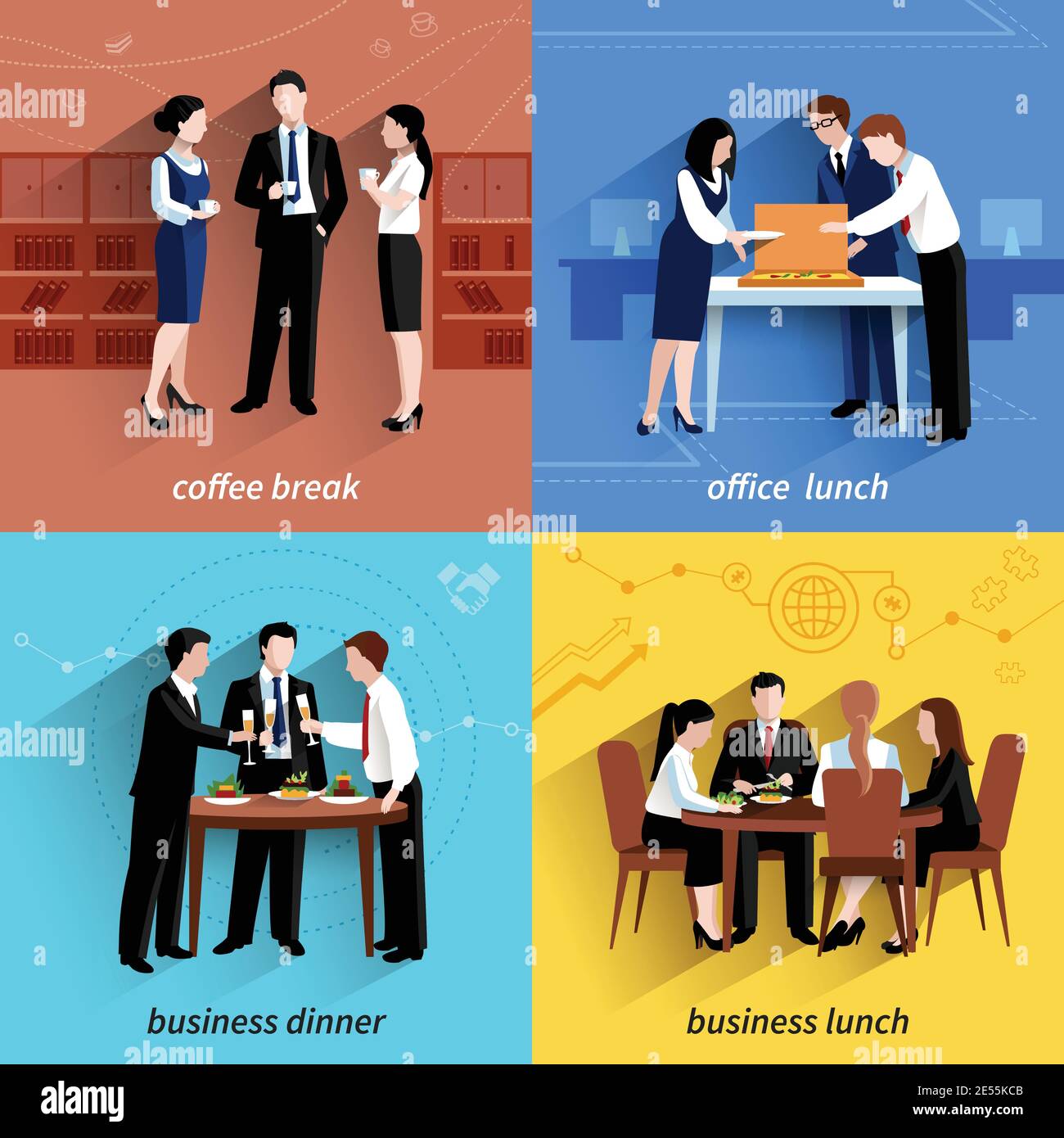 Business office lunch break and coffee pause 4 flat icons composition ...