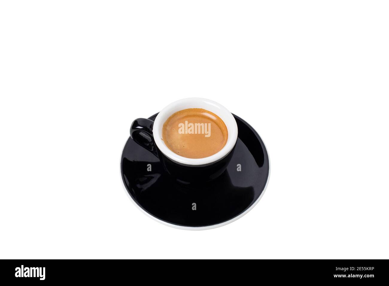 Fragrant black coffee with froth in a black cup. This is isolated in a ...