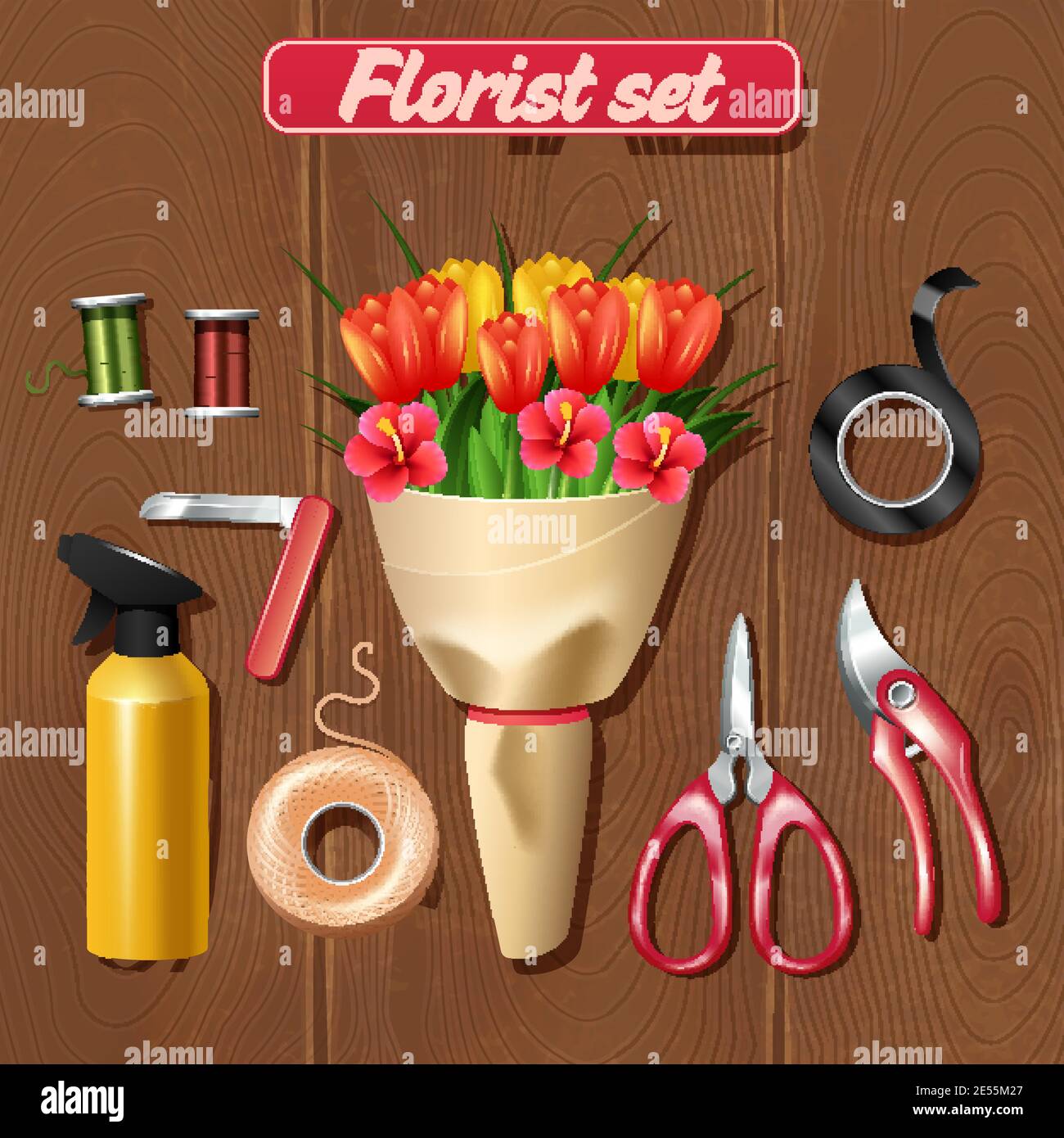 Florist accessories set with realistic bunch of flowers on wooden ...