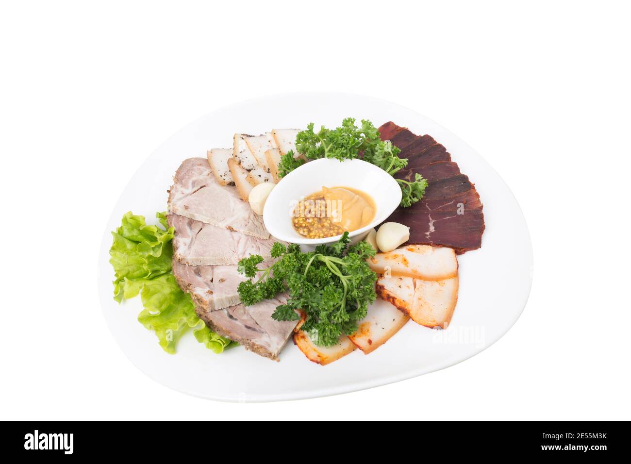 Traditional cold meat snack with two types of mustard. This is isolated ...