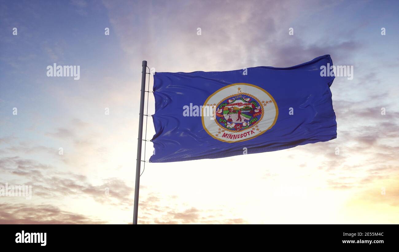 State flag of Minnesota waving in the wind. Dramatic sky background. 3d ...