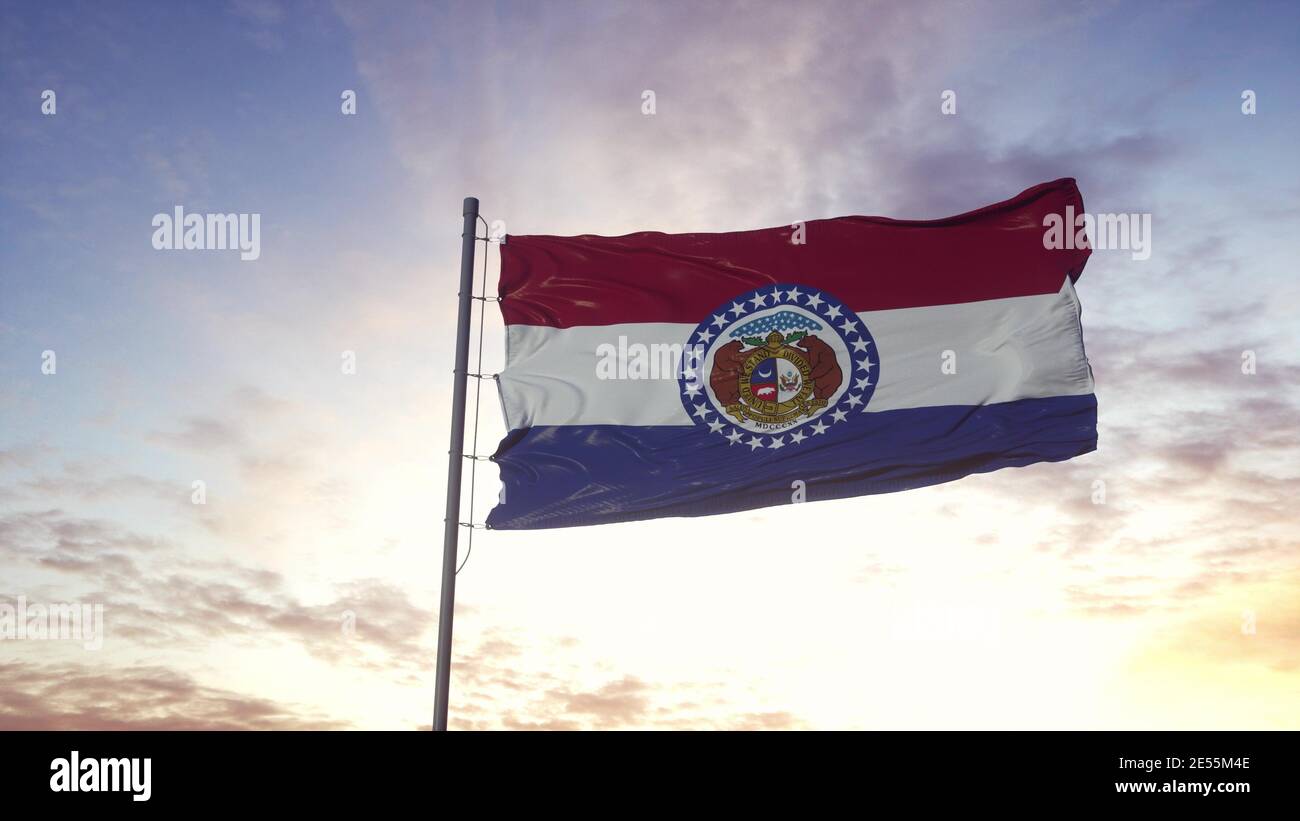State flag of Missouri waving in the wind. Dramatic sky background. 3d ...