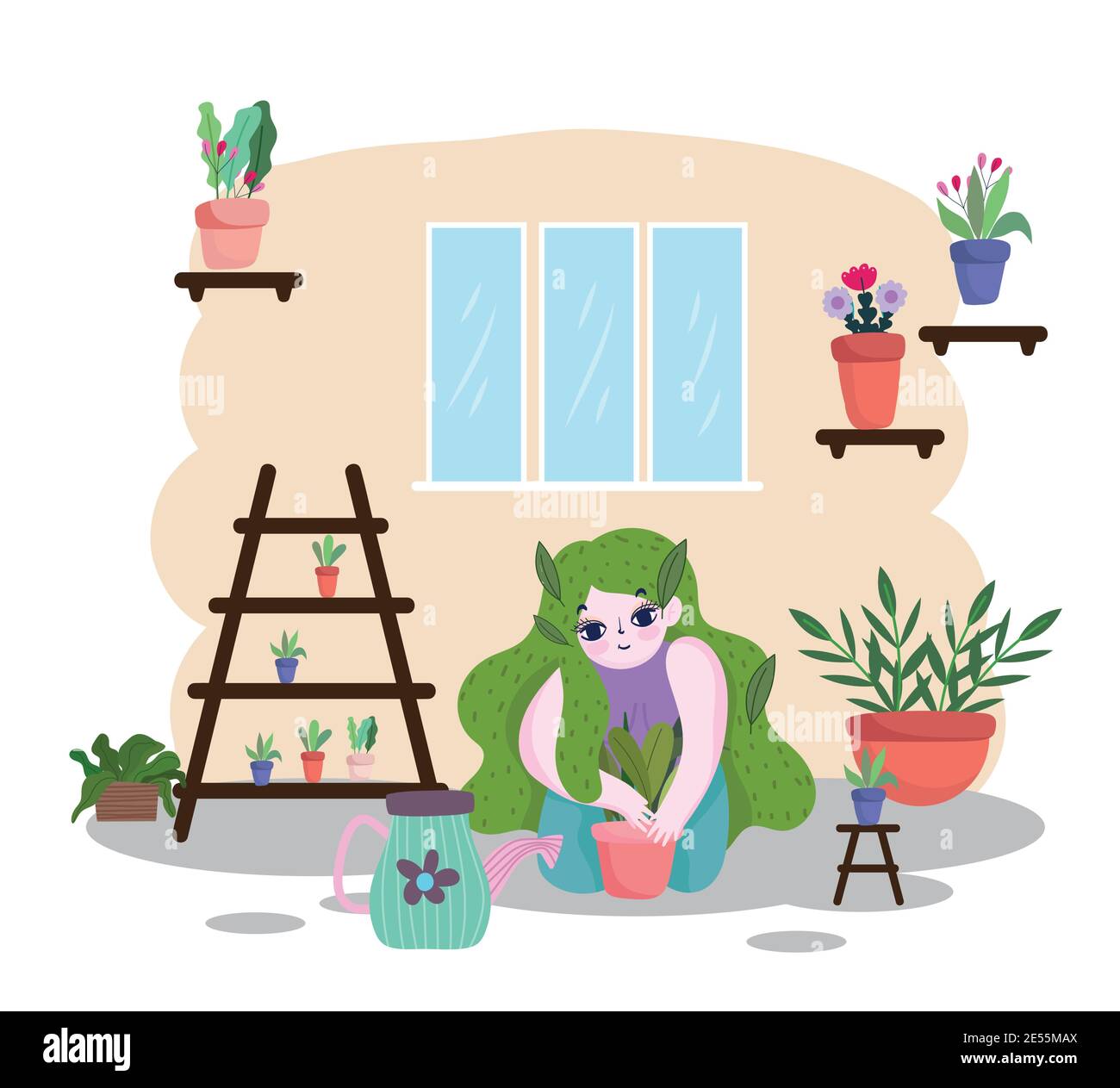 Gardening, girl with green hair planting in pot vector illustration ...