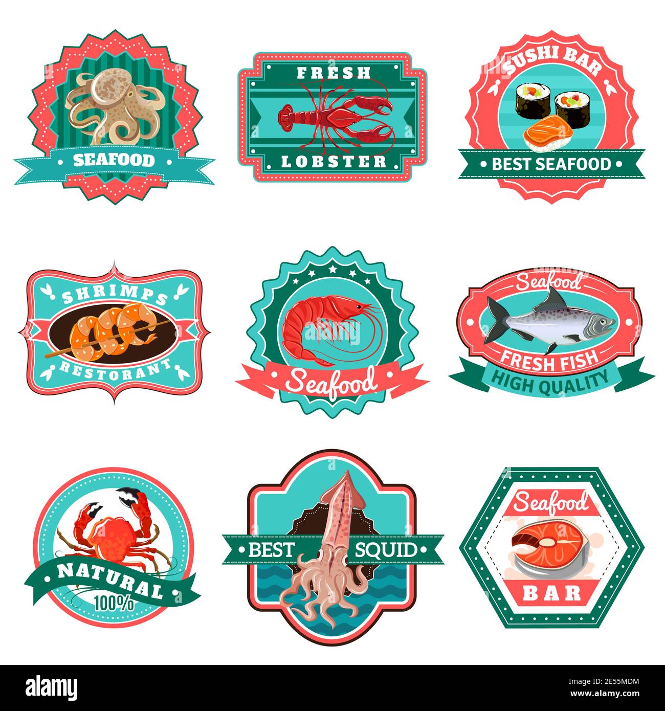 Premium quality seafood and fish menu emblems set isolated vector ...