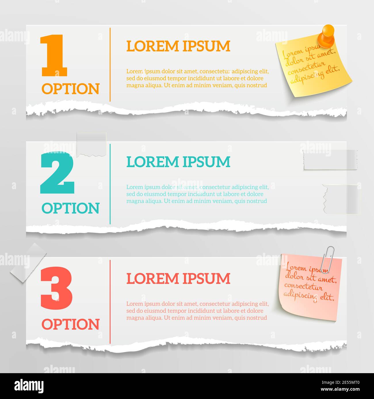 Torn paper color numbers and text with pinned and attached notes ...