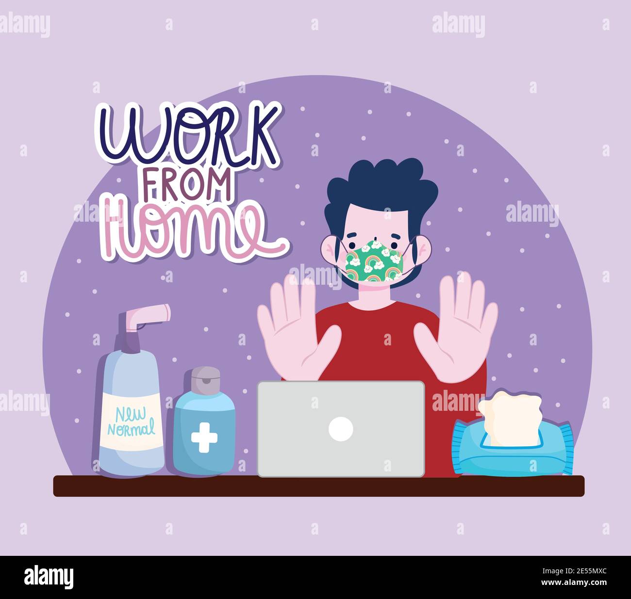 new normal lifestyle, work from home, boy with mask laptop and hand ...