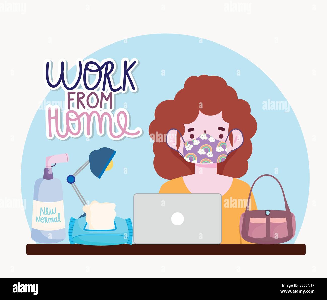 new normal lifestyle, work from home, woman with mask laptop and hand ...